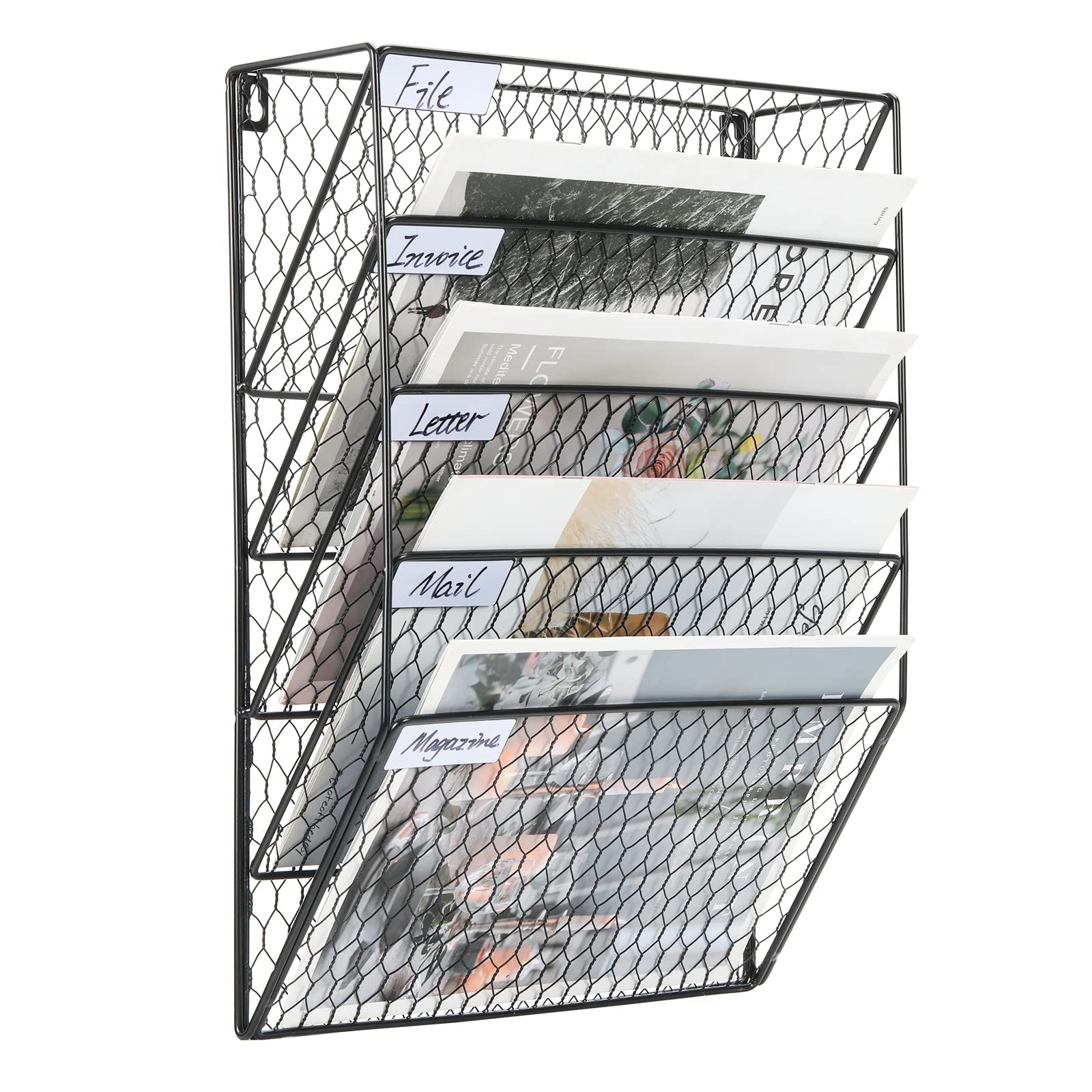 PAG Hanging Wall File Holder Office Wall Organizer Mail Sorter Metal Chicken Wire Literature Rack, 3-Tier, Black
