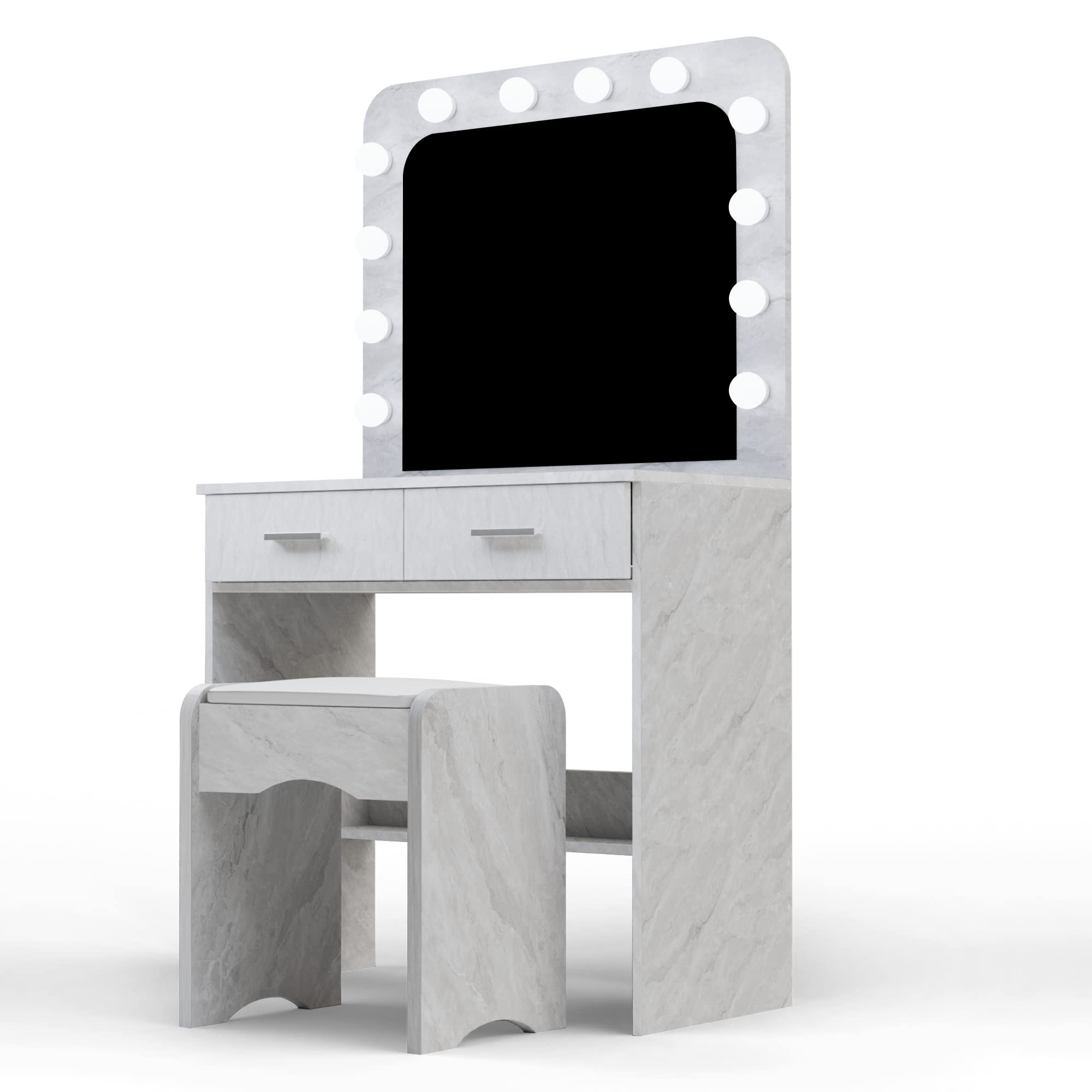 NeuType Makeup Vanity , Desk with Mirror, Lights and Table Set, White 2 Drawers Vanity Set with 12 Light Bulbs, Marble Pattern