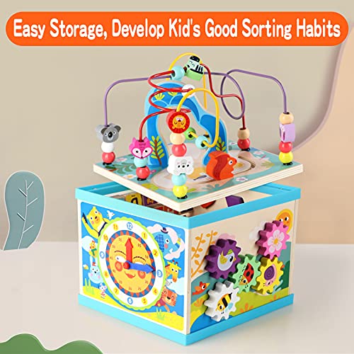 Qilay Wooden Activity Cube for Toddlers 1-3 (Large), 5 in 1 Multipurpose ABC-123 Abacus Bead Maze Shape Sorter | Early Educational Toy for Toddlers - First Birthday Present for Boys Girls