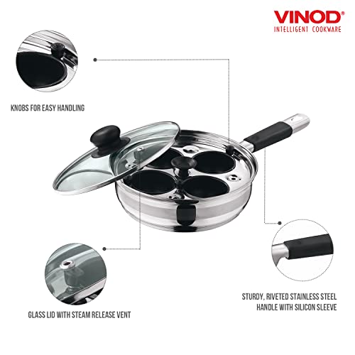 Vinod Non Stick Egg Poacher Pan β Skillet, Glass Lid, Removable Cup Tray - 4 Large Cups - Stainless Steel Poached Egg Cooker β Food Grade Egg Poaching β Heat Friendly Handle - Free Silicon Spatula