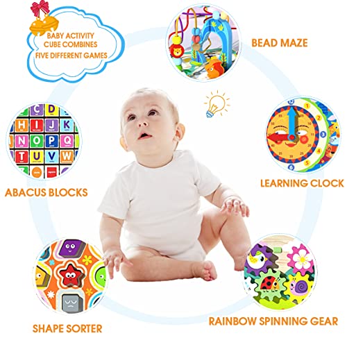 Wooden Baby Activity Cube for Toddlers 3+,5 in 1 Early Educational Montessori Toy for Toddlers,Abacus Blocks Bead Maze Spinning Gear Shape Sorter Learning Clock,First Birthday Gifts for Boys Girls.