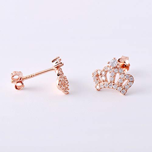 Paialco Sterling Silver Tiny Crown Cubic Zirconia Studs Earrings for Women, Rose Gold Plating