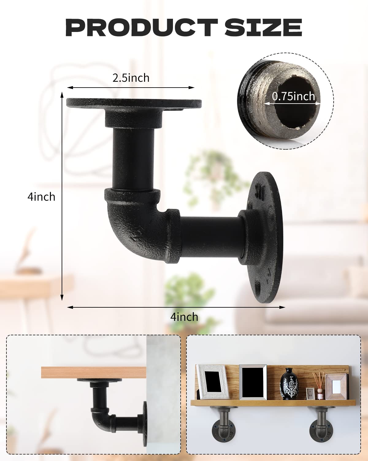MUZIK Shelf Bracket, 12 Pack Heavy Duty Floating Shelf Brackets, Industrial Pipe Wall Mount Metal Shelving Brackets for Shelves, Vintage Black Iron Finish DIY Pipe Shelf (4*4 Inch)