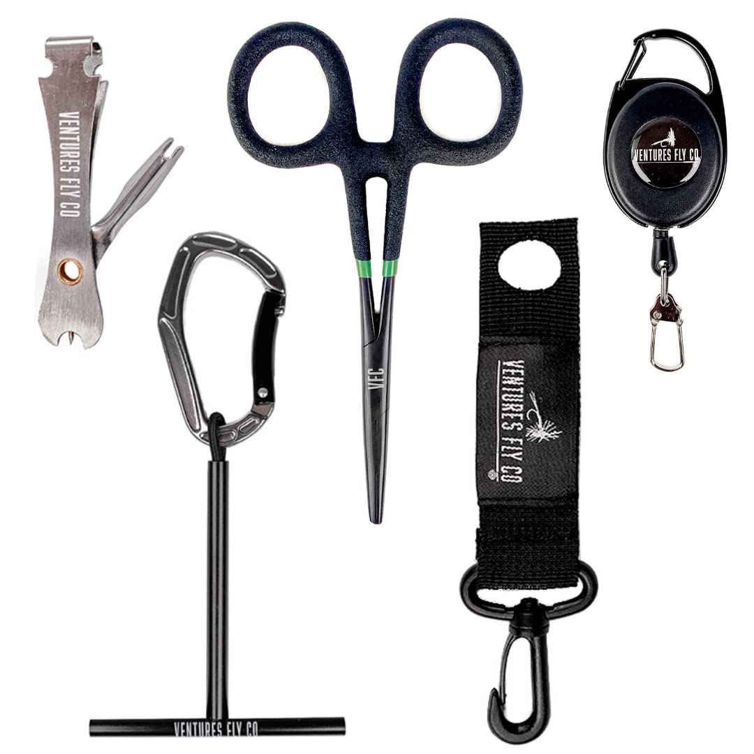VENTURES FLY CO. | Fly Fishing Accessories Pack | Nippers & Nail Knot Tying Tool Combo, Hook Remover Forceps & Pliers, Tippet Holder, Floatant Caddy, Zinger Retractor | Trout Gear Assortment Kit