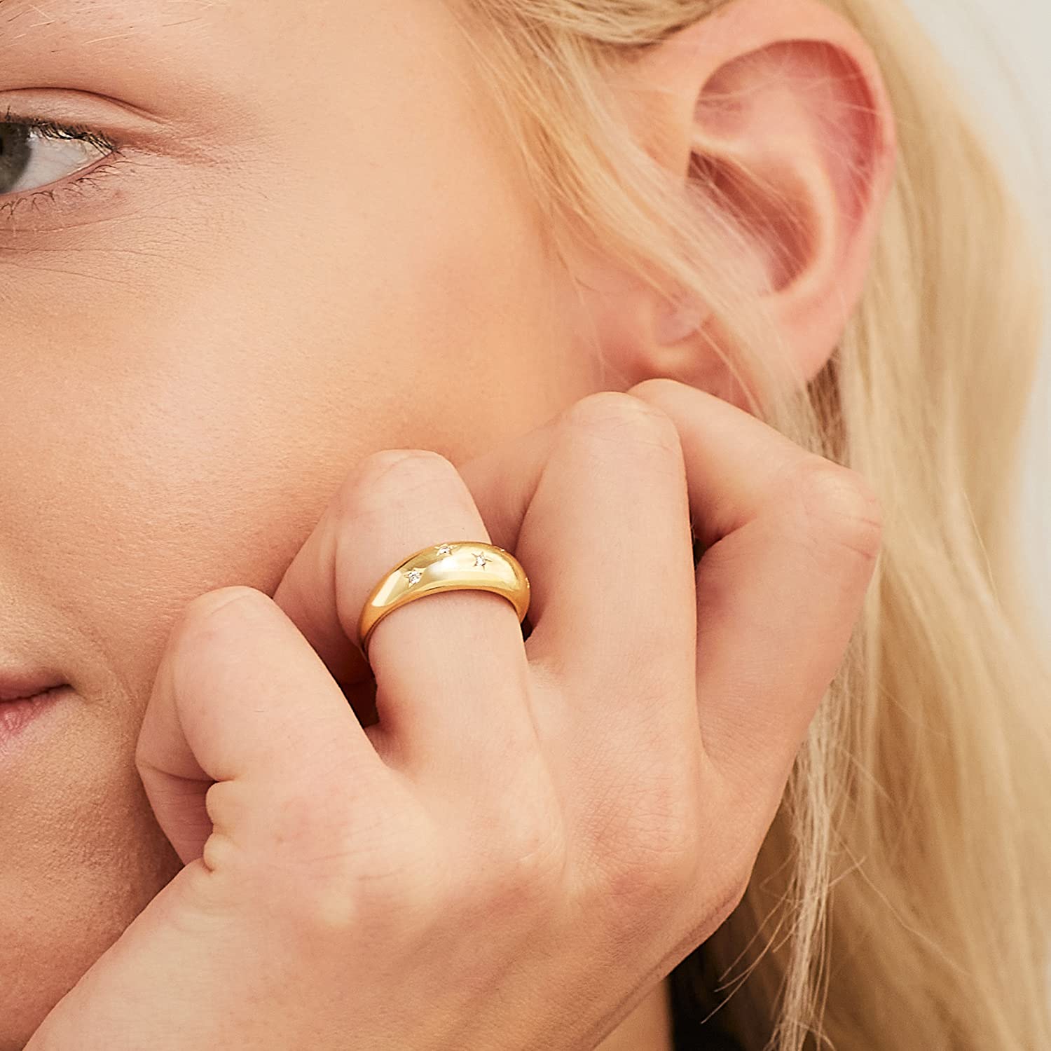 Sewens 3PCS 18k Gold Plated Croissant Braided Twisted Signet Chunky Dome Ring Stacking Band for Women Jewelry Minimalist Statement Ring