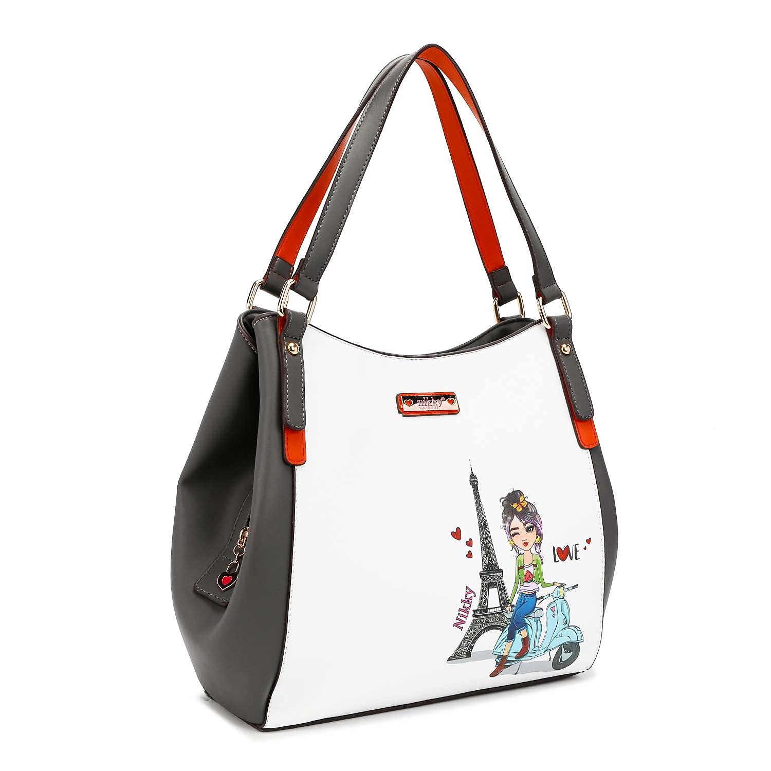 Nicole Lee Nikky Scooter Sophie Fashion Print Hobo Bag, White Vegan Leather Handbag