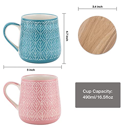 Taimei Teatime Coffee Mug with Lid Set of 2, 16.5 oz Ceramic Coffee Mugs with Handpainted Floral Pattern, Mugs Gift Set for Tea Lover, Woman and Couple, Microwave and Dishwasher Safe
