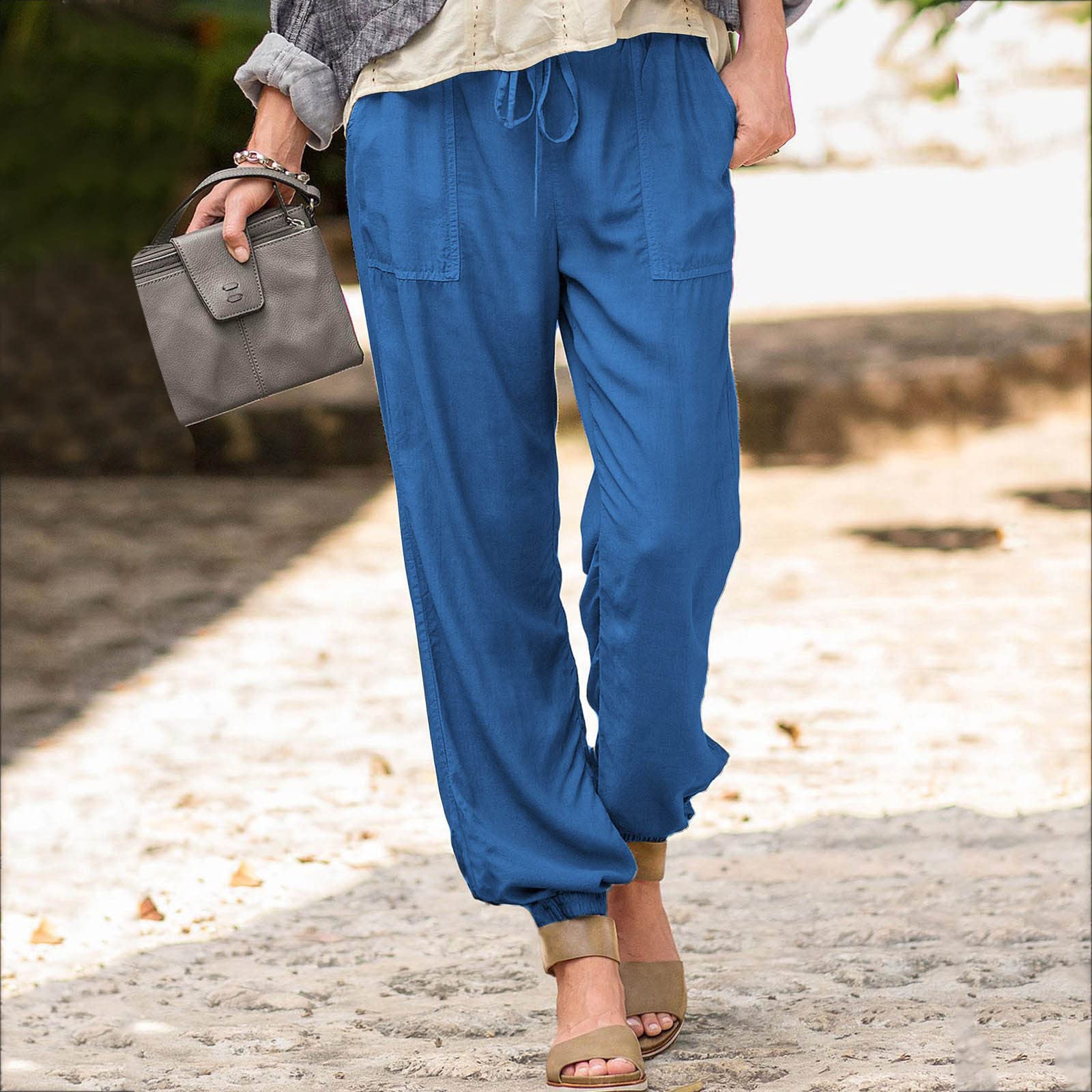 with Pockets Casual Waisted Summer Pants Linen Beach Cotton Women Comfy Flowy High Button Women's Casual Pants Women's Blue