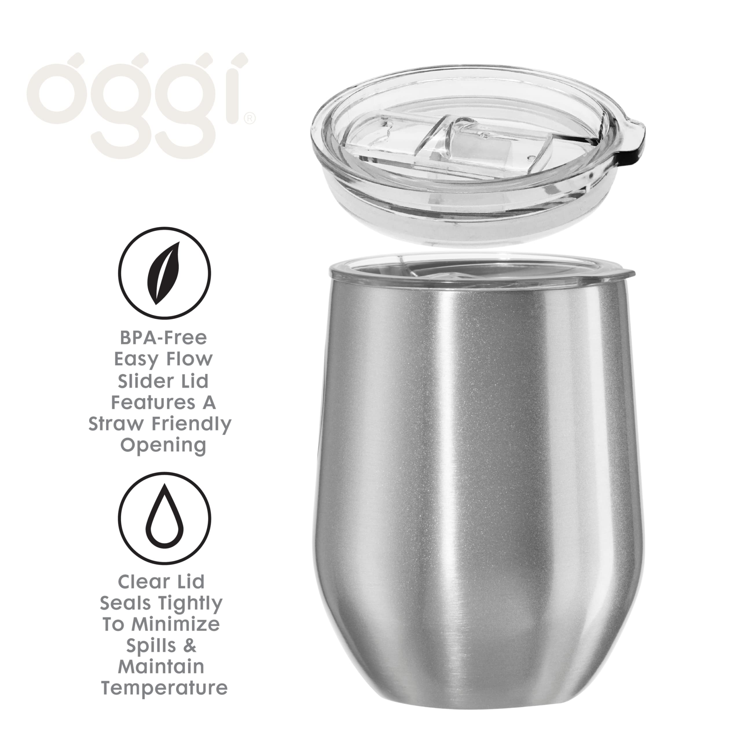 Oggi Cheers 'Celebrate Collection' Stainless Steel Insulated Wine Tumbler - Silver Sparkle, 12oz, with clear slider lid. (Pack of 2)