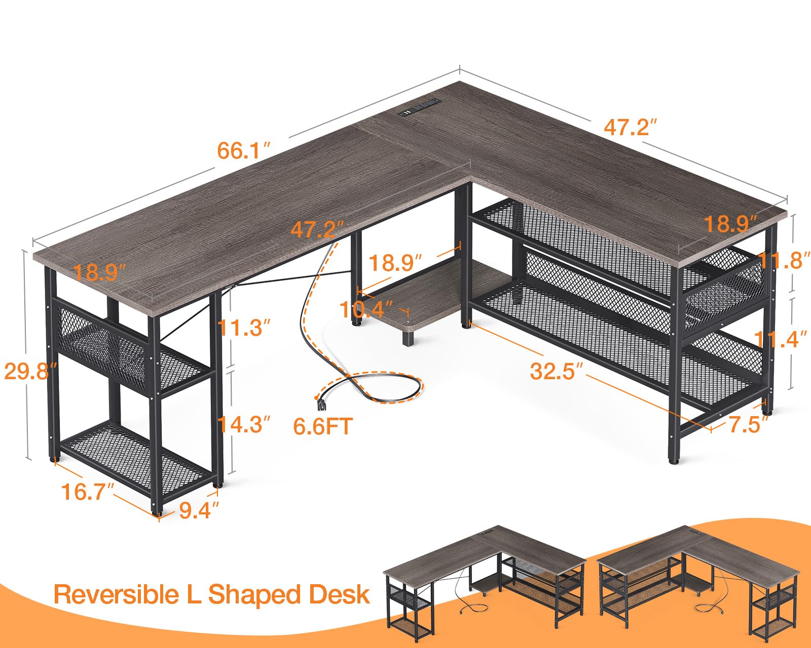 ODK 66" L Shaped Desk with Power Outlet and USB Charging Ports, Reversible L Shaped Computer Desk with Storage Shelves, Home Office Desk, Gaming Desk, Corner Desk, Grey Oak