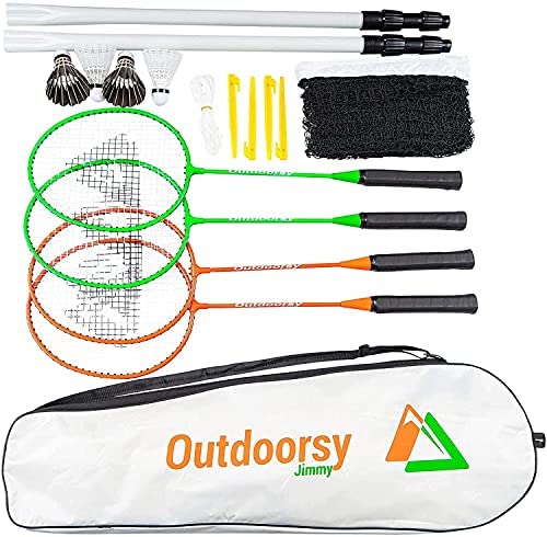 OutdoorsyJimmy Complete Badminton Set for Backyards - Badminton Set Includes Badminton Rackets Set of 4, Portable Badminton Net with Expandable Poles, 4 Birdies/Shuttlecocks & Storage Carrying Bag