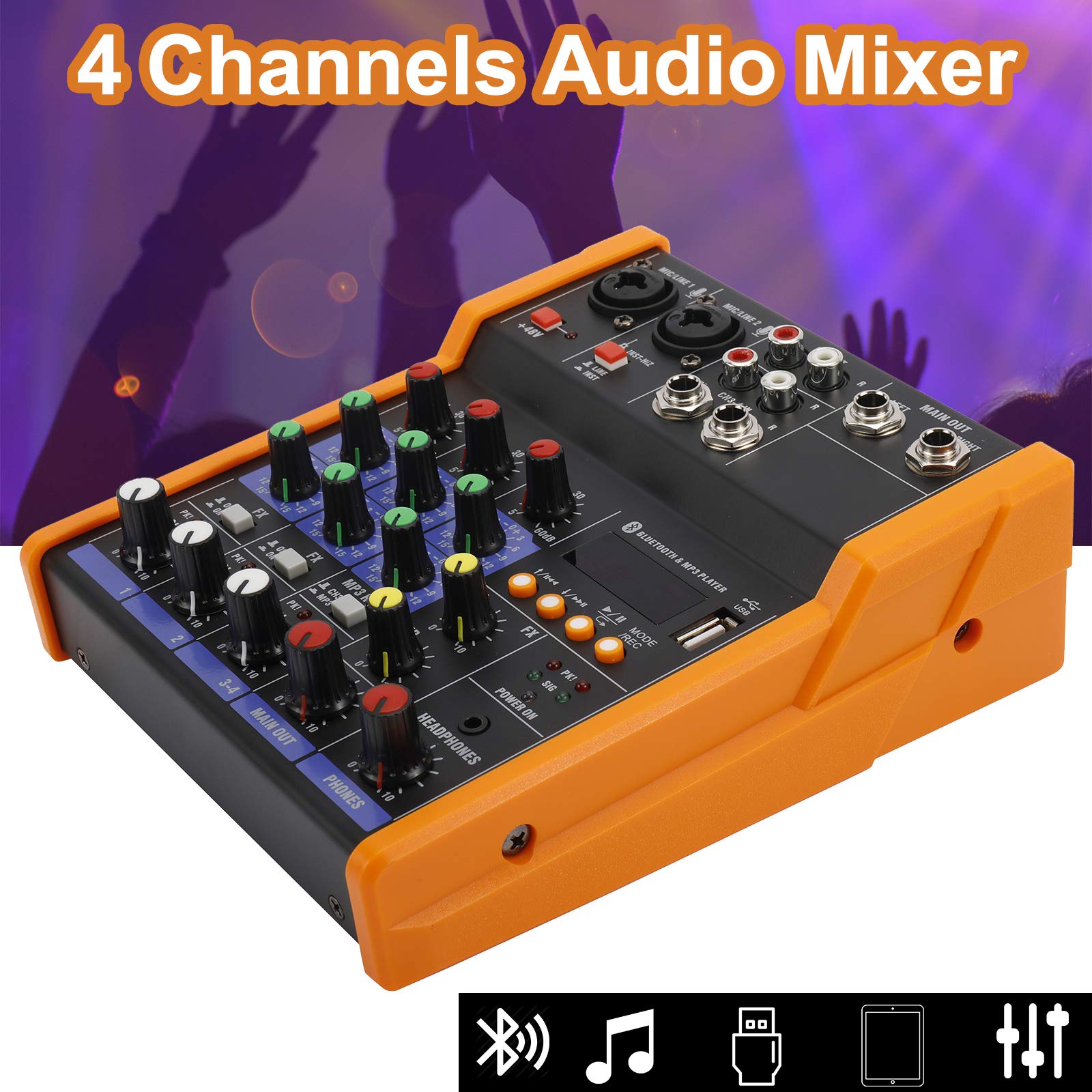 Patioer 4 Channel Audio Mixer Sound Board, Portable Sound Mixing Console with Sound Card, USB Audio Interface, DSP Processor, 48V Phantom Power Mixer for DJ Console Karaoke Recording Studio