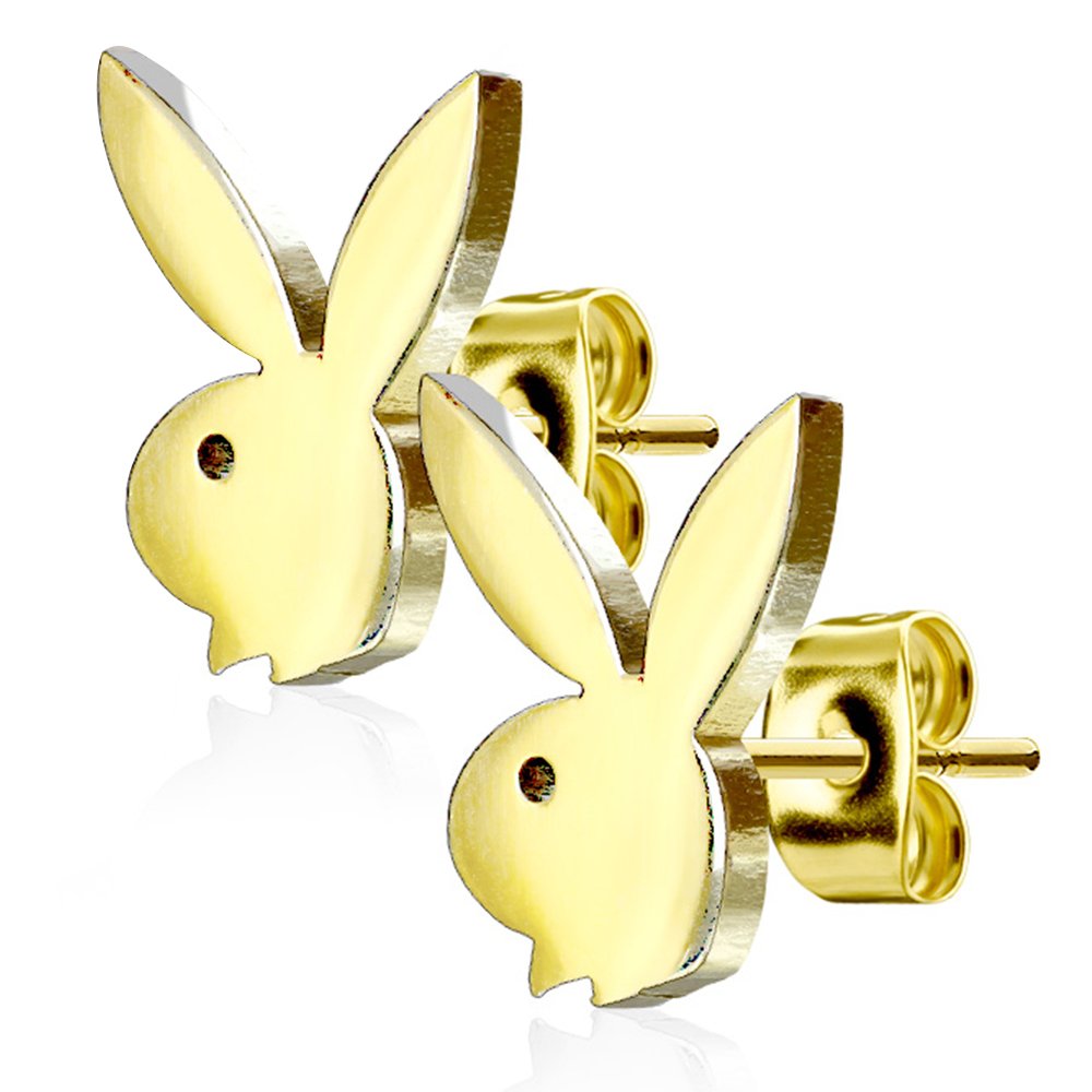 Playboy 316L 20G Surgical Steel Bunny Earring Studs Plated for Women 0.8 MM - Playboy License (Gold)