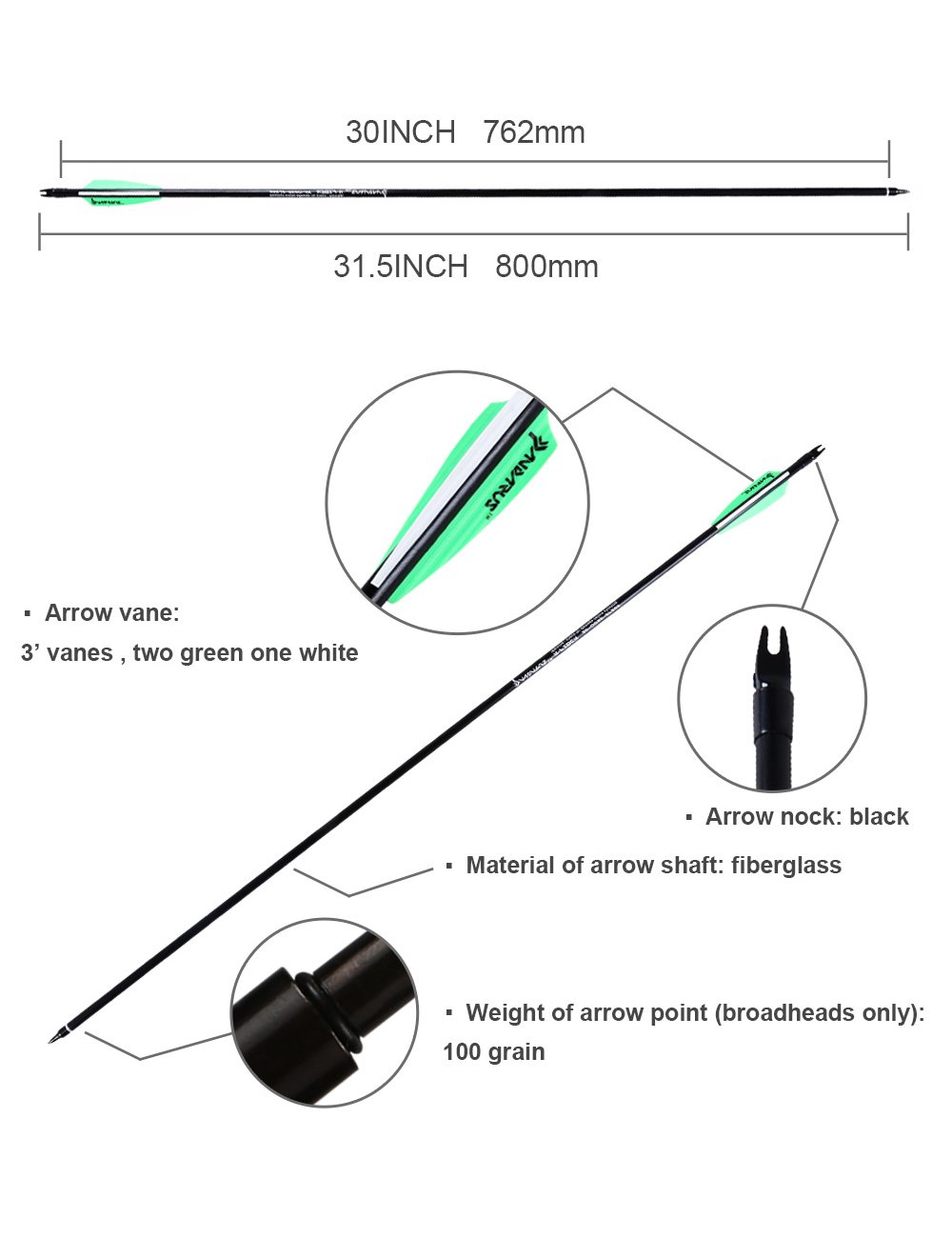 PANDARUS Archery 30inch 8mm Fiberglass Hunting Practice Arrows with Replaceable Arrowhead Spine 500 for Recure and Compound Bow Target