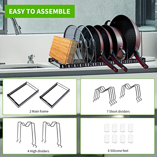warmartter Expandable Pot and Pan Organizers Rack Stainless, Pot and Pan Organizer with 11 Adjustable Compartments(4 large sizes and 7 short sizes.) Accommodate 10+ Frying Pans and Pots Lid