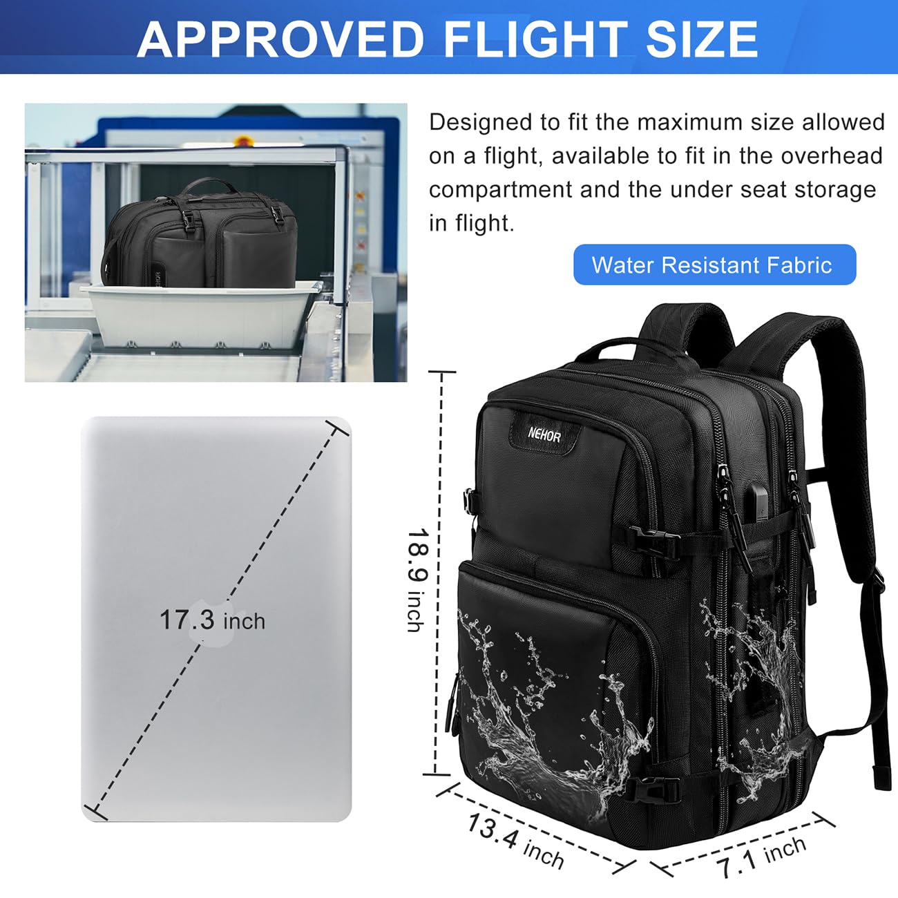 NEHOR Travel Backpack for Men Women,40L Carry on Backpack Flight Approved,17 In Laptop Backpack with USB Charging Port,Grey