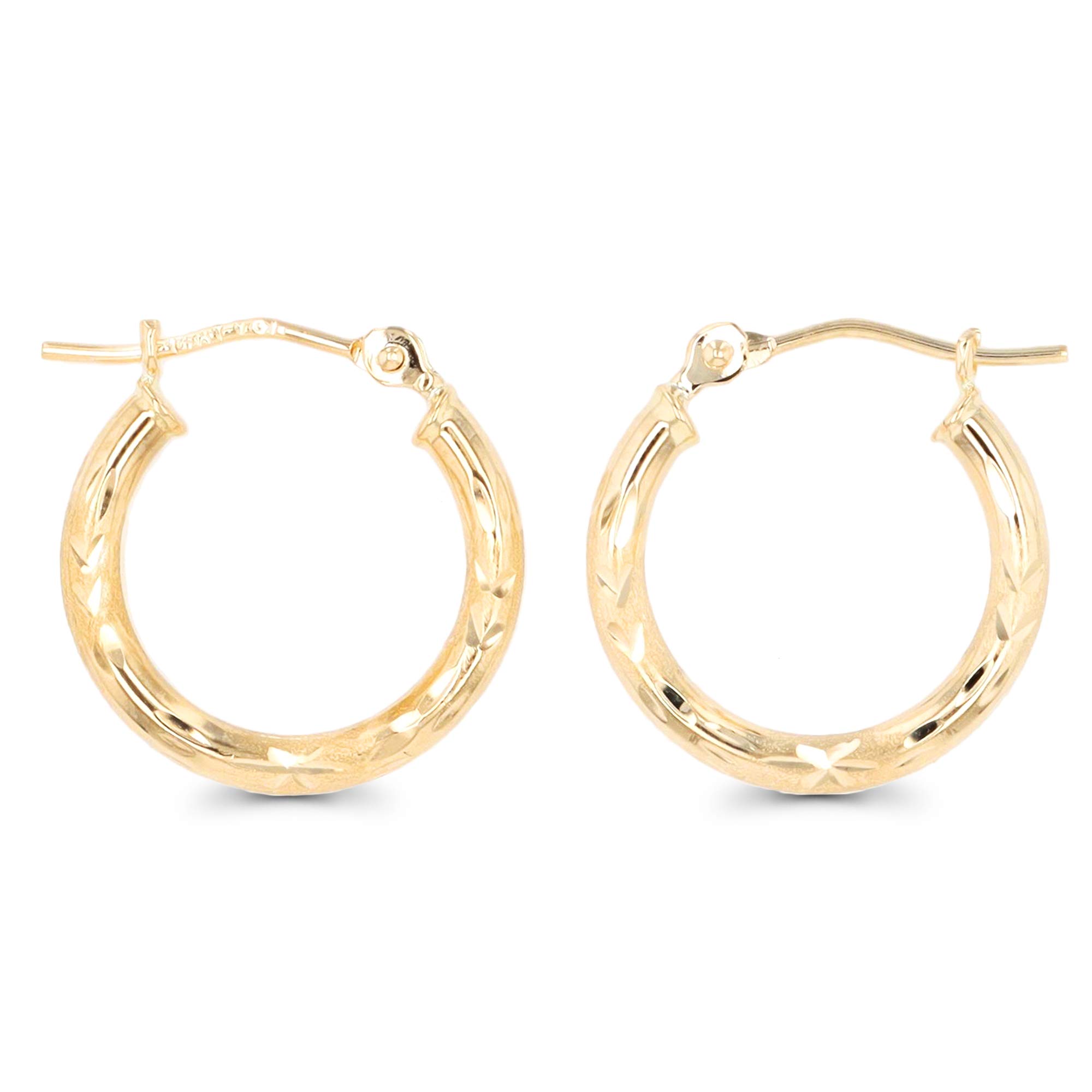 Solid 14K Yellow Gold Diamond Star Cut Hoop Earrings with Hinged Clasp | 2x15mm Hoop | Hypoallergenic Hoops For Sensitive Ears | Round Star Diamond Cut Earrings For Women