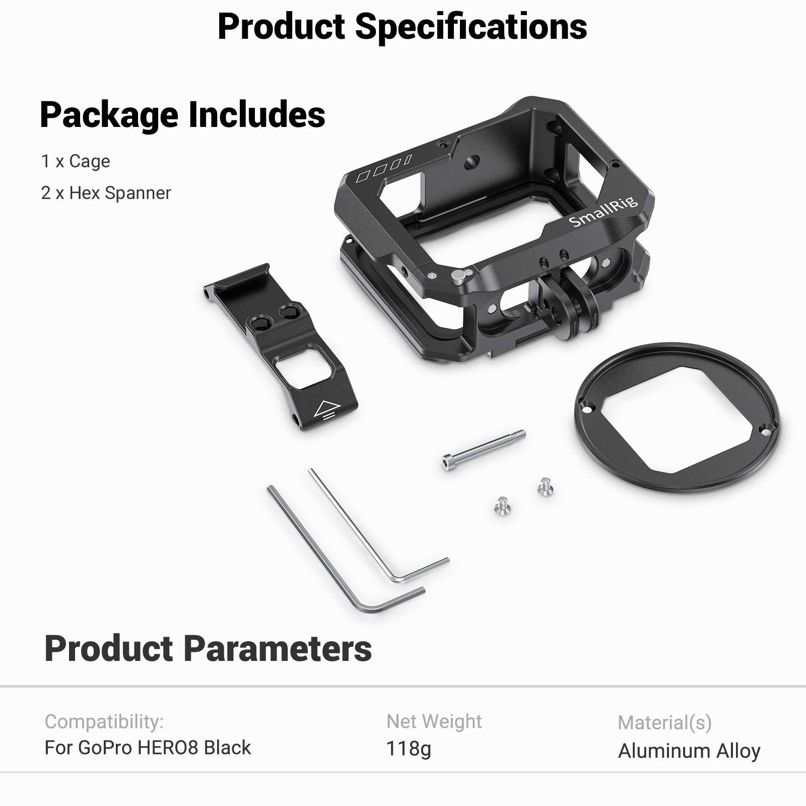 SmallRig HERO8 Vlogging Cage, Aluminum Video Cage with 52mm Filter Mount and 2 Cold Shoe Mount for Mic and Led Light for GoPro HERO8 Black CVG2505