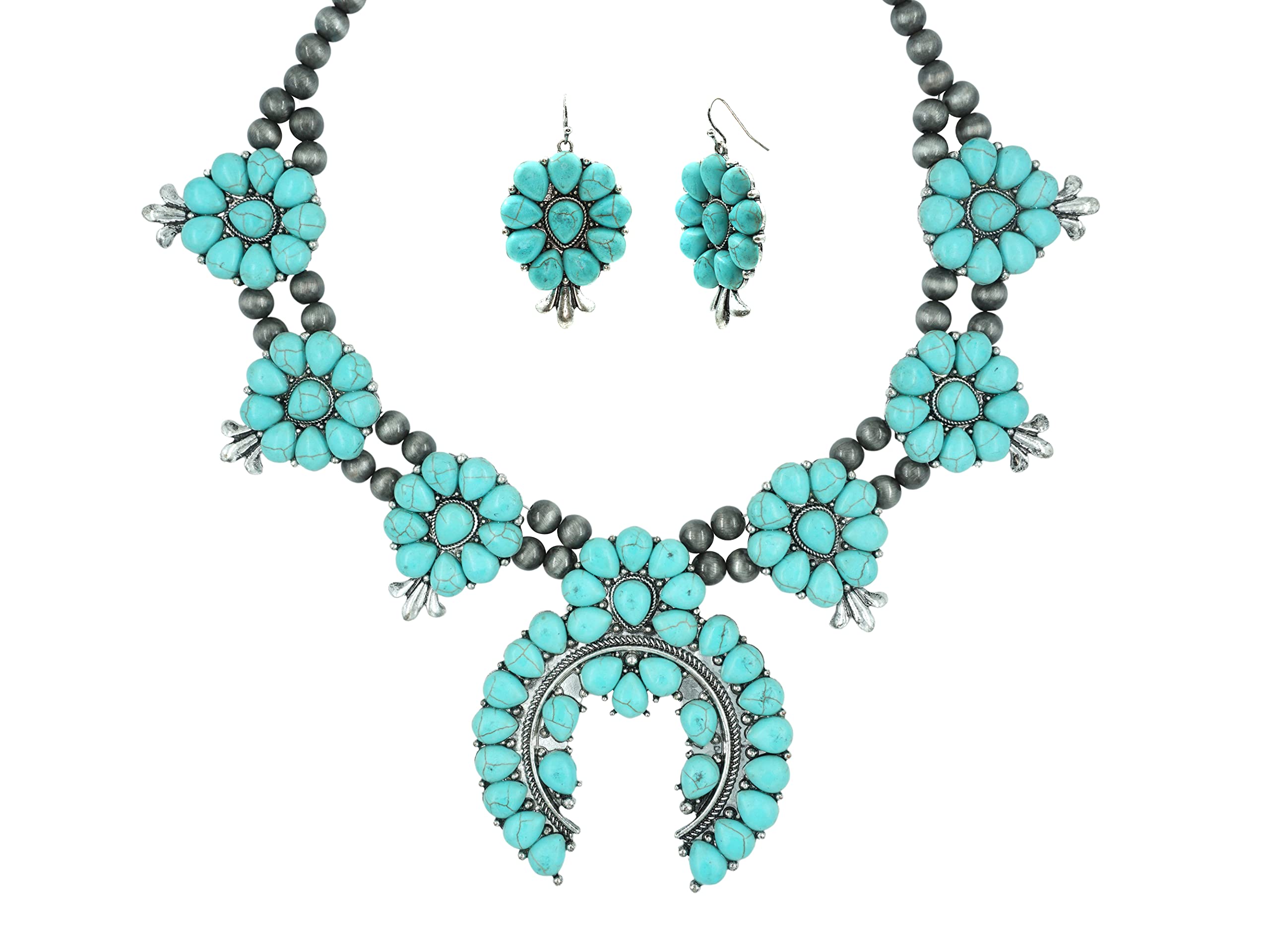 Turquoise Stone Squash Blossom Pendant Bib Statement Faux Navajo Pearl Necklace 20 Inch and French Hook Earrings (Silver Burnish/Turquoise)