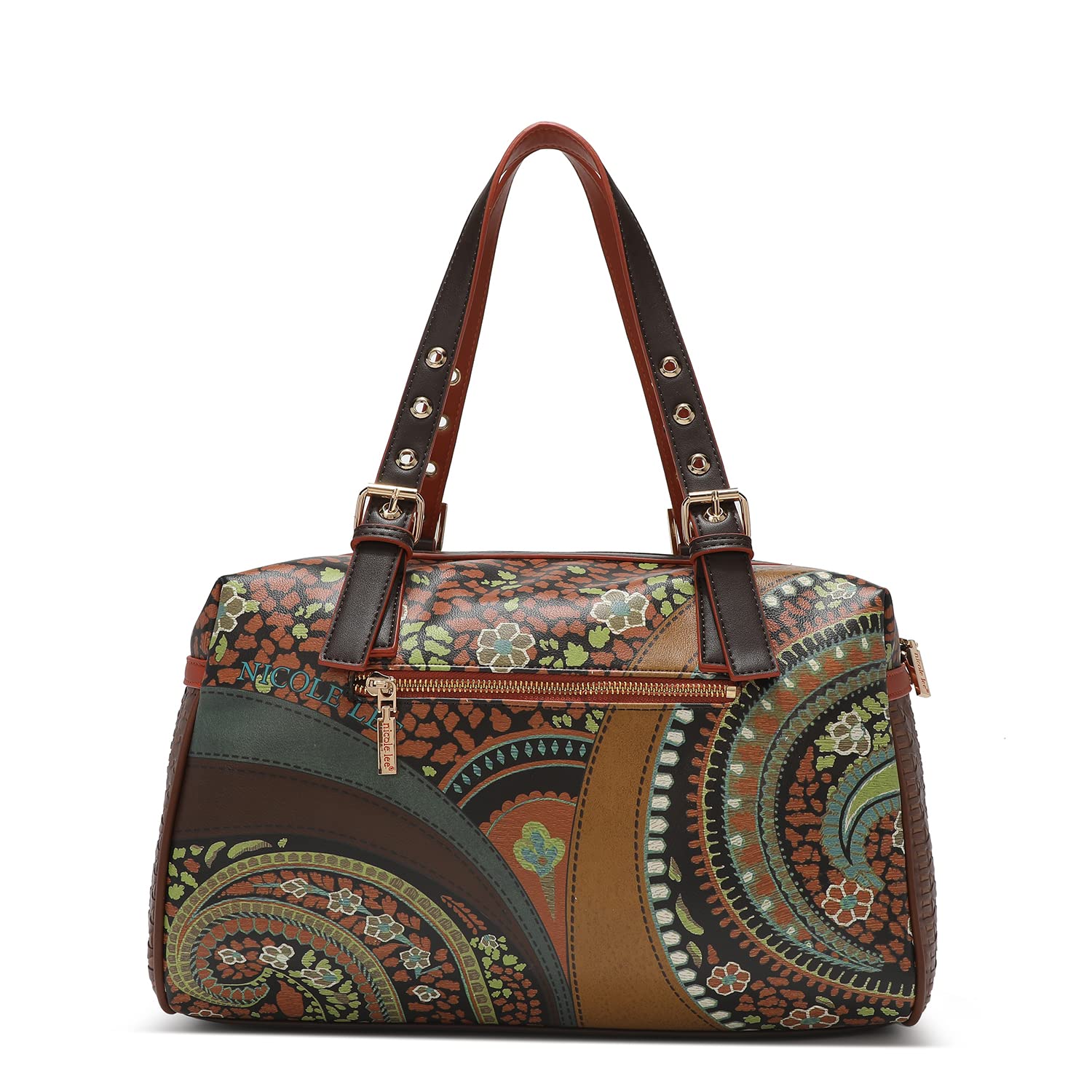 Nicole Lee Vintage Style Paisley Brown Boston Bag, Medium Embellished Shoulder Bag with Adjustable Straps