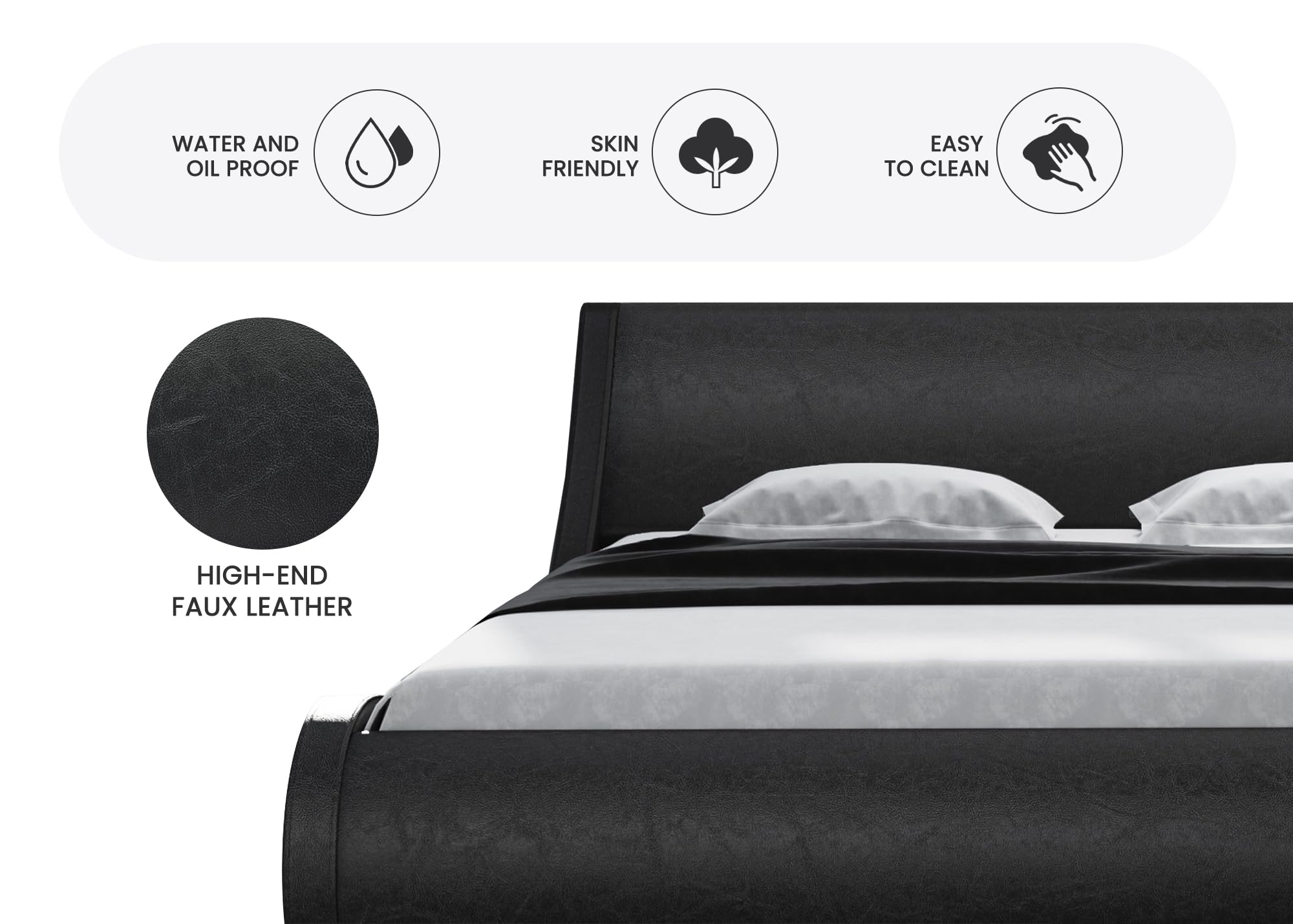 SHA CERLIN King Size Platform Bed Frame - Stylish Low Profile Design, Ergonomic Faux Leather Headboard, No Box Spring Needed, Modern Sleigh Bed, White