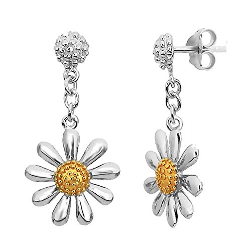 Paul Wright 925 Silver Daisy Dangle Earrings, 13mm Daisies with 18ct Gold Plated Centres, Length 22mm