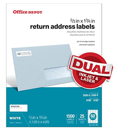 Office Depot White Inkjet/Laser Return Address Labels, 2/3in. x 1 3/4in., Pack of 1,500, 505-O004-0015