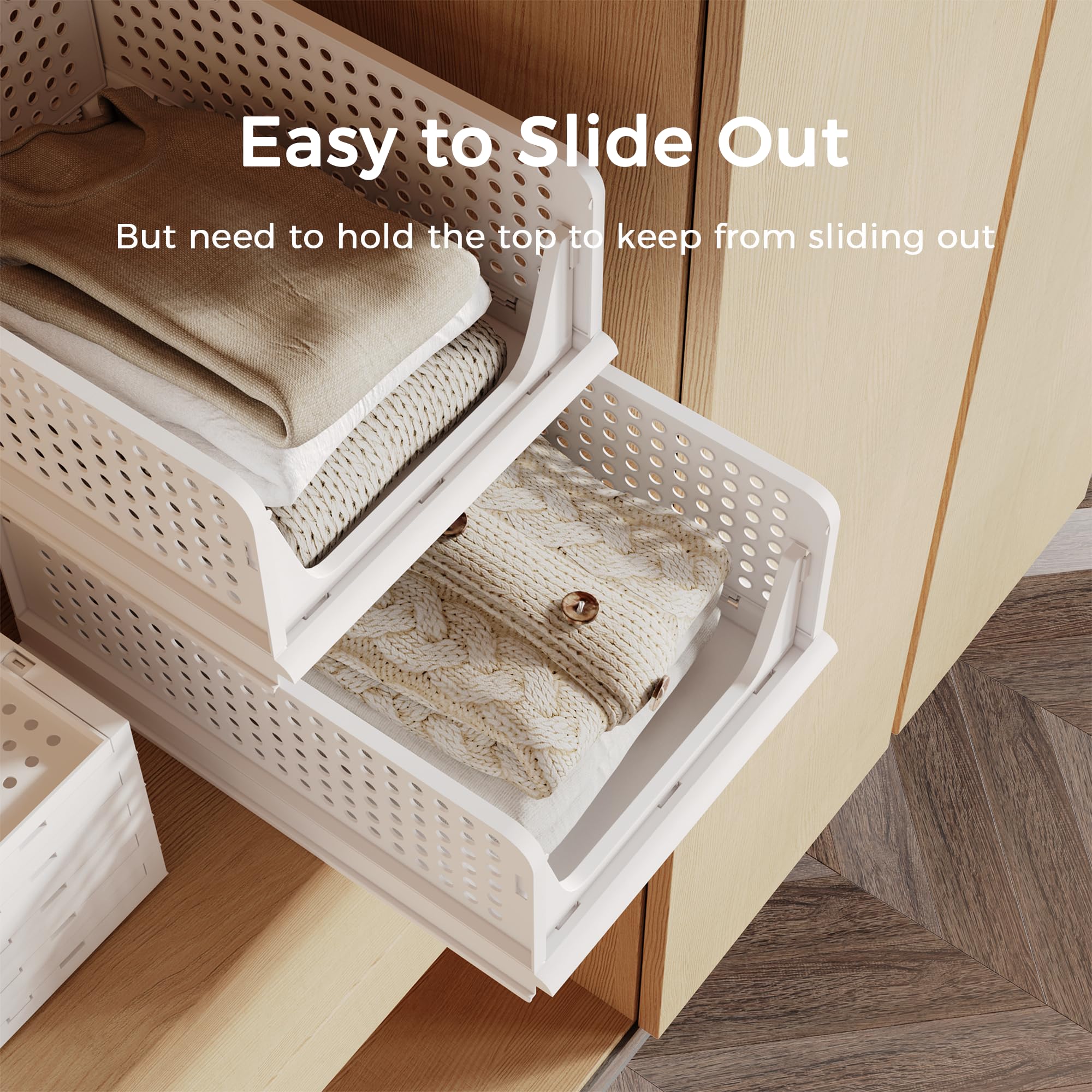 Pinkpum Stackable Plastic Storage Basket-Foldable Closet Organizers and Storage Bins 4 Pack-Drawer Shelf Storage Container for Wardrobe Cupboard Kitchen Bathroom Office 4S