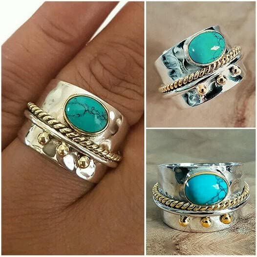 Turquoise Wide Band Ring for Women, Mothers Day Gifts, Spinner Silver Ring, Relief Fidget & Anxiety Wide Band, Meditation Ring (9, A)