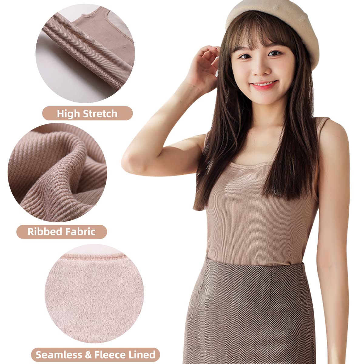 X-SNOW FALCON Women's Fleece Thermal Vest Cammy Shirt Sleeveless Camisole Basic Seamless Square Collar Thermal Vest Black