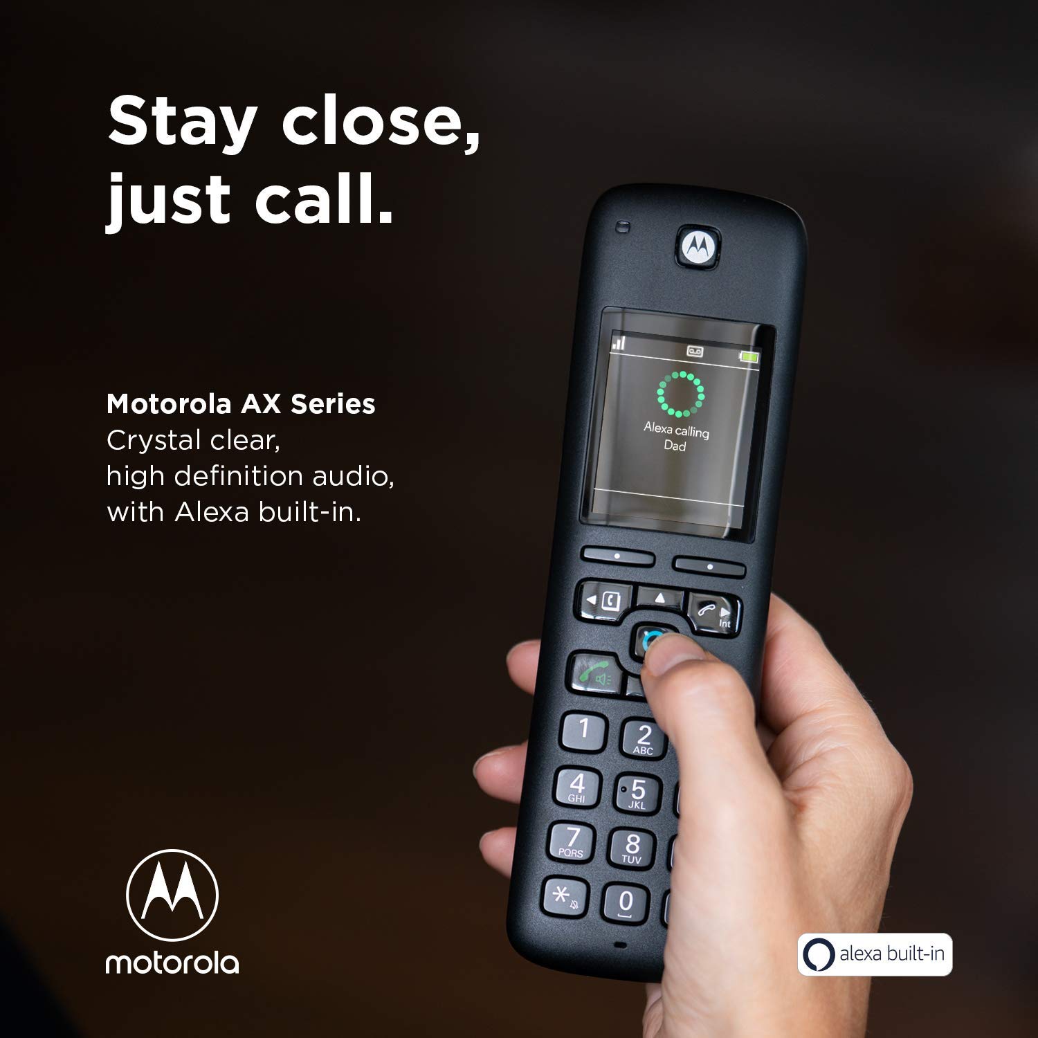 Motorola AXH01 DECT 6.0 Smart Cordless Phone and Answering Machine with Alexa Built-in – 1 Cordless Handset Included, black, 1 handset pack