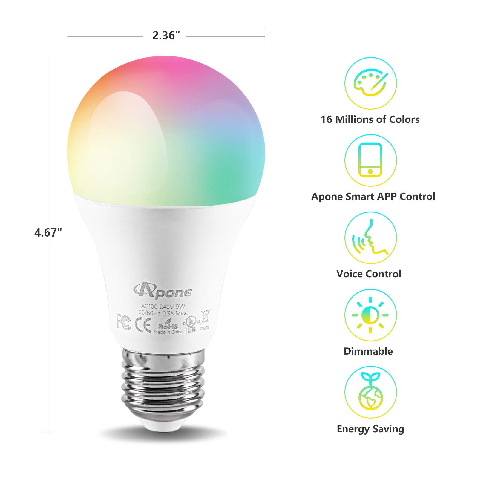 Smart A19 LED Smart, WiFi Light Bulb Compatible with Alexa Google Home, with Over 16 Million Vivid Color, Cool Warm White Dimmable, No Hub Required, 60W Equivalent, RGB+2700K-6500K, 4 Pack