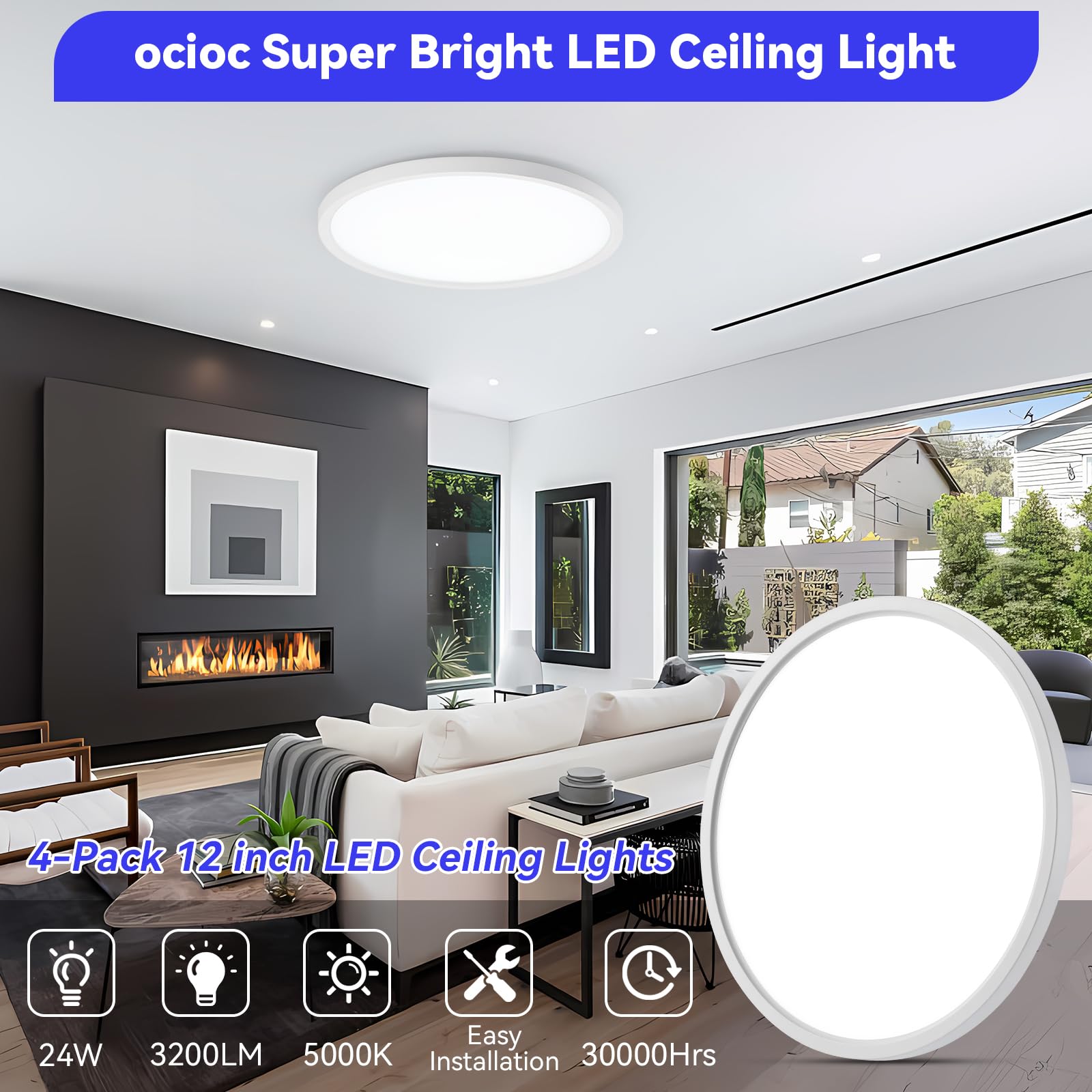 ocioc 4 Pack 12 inch Ceiling Light, 24W 5000K Flush Mount LED Ceiling Light Fixtures for Hallway, Porch, Laundry Room, Stairwell White