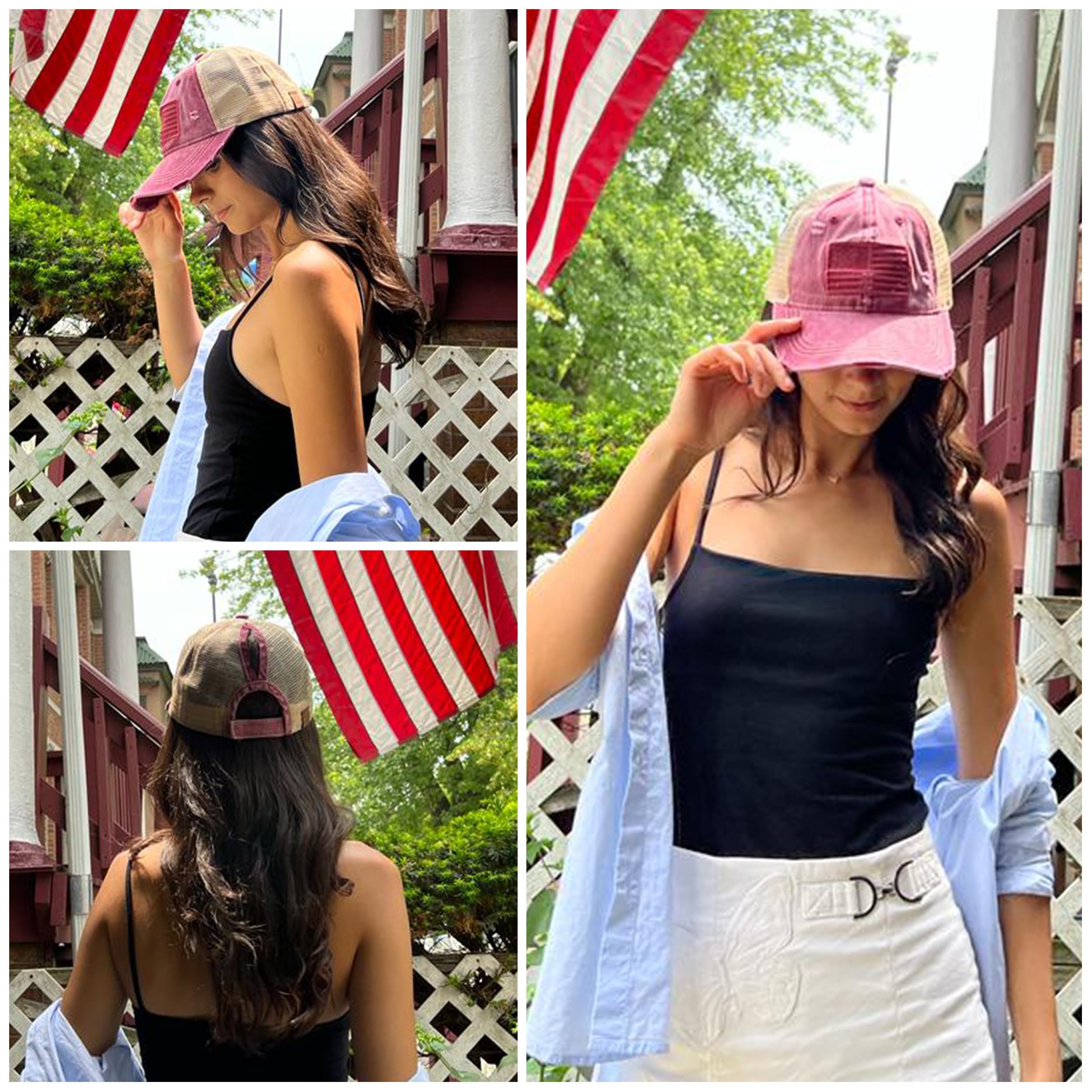 Ponytail Messy Bun Trucker Ponycap: Mesh - Burgundy w/Beige Mesh