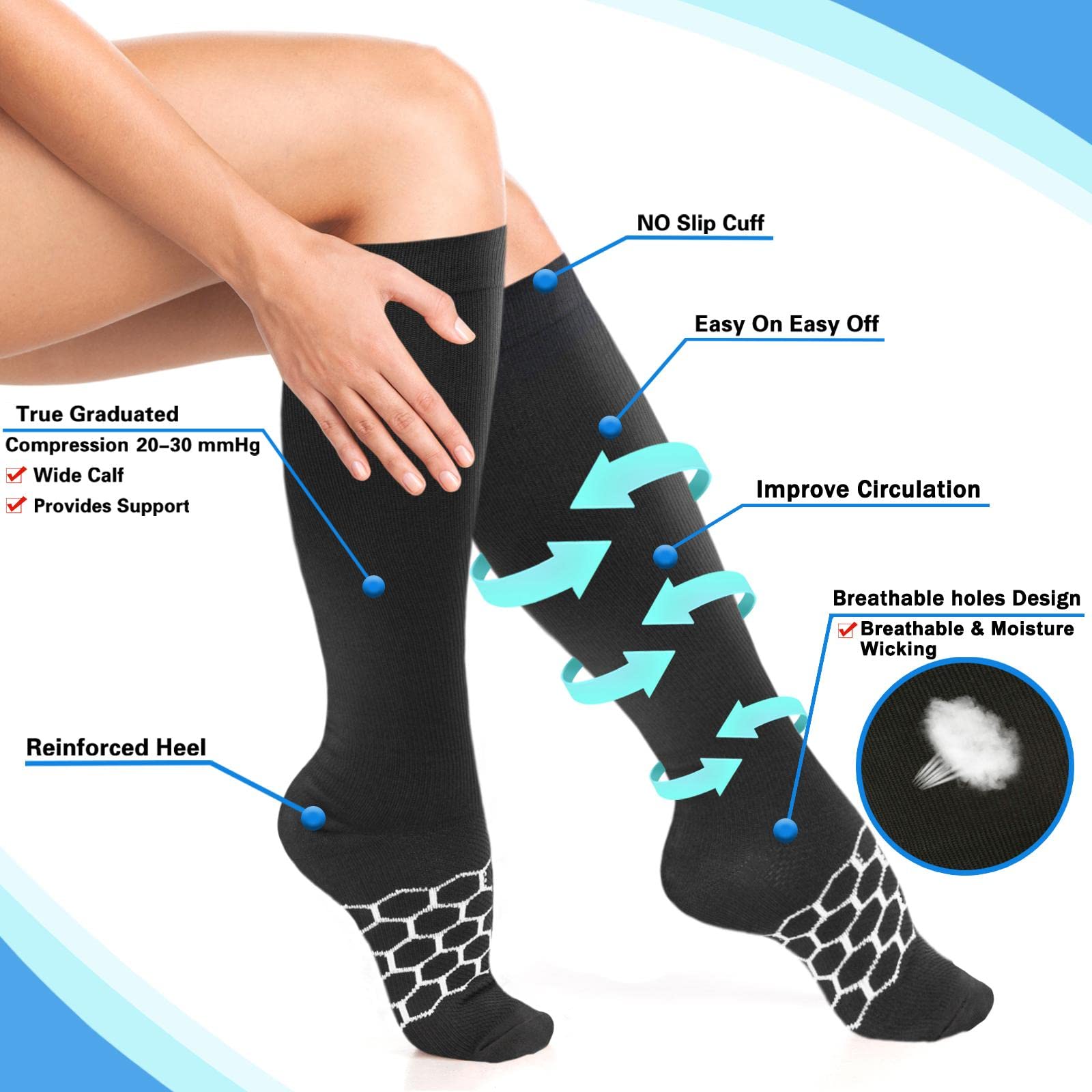 XAIVEZL 3 Pairs Compression Socks for Women Plus Size Compression Socks Wide Calf Support for Pregnant Circulation XXL