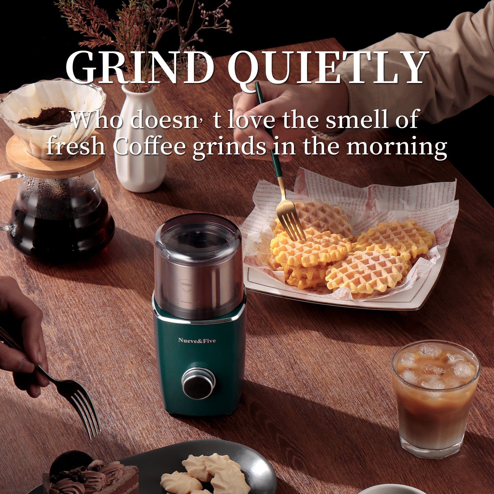 Nueve&Five Adjustable Coffee Grinder Electric, Cordless Coffee Grinder Espresso, Electric Coffee Grinder With Timing Setting, Coffee Bean Grinder Electric With Removable Stainless Steel Bowl (GREEN)