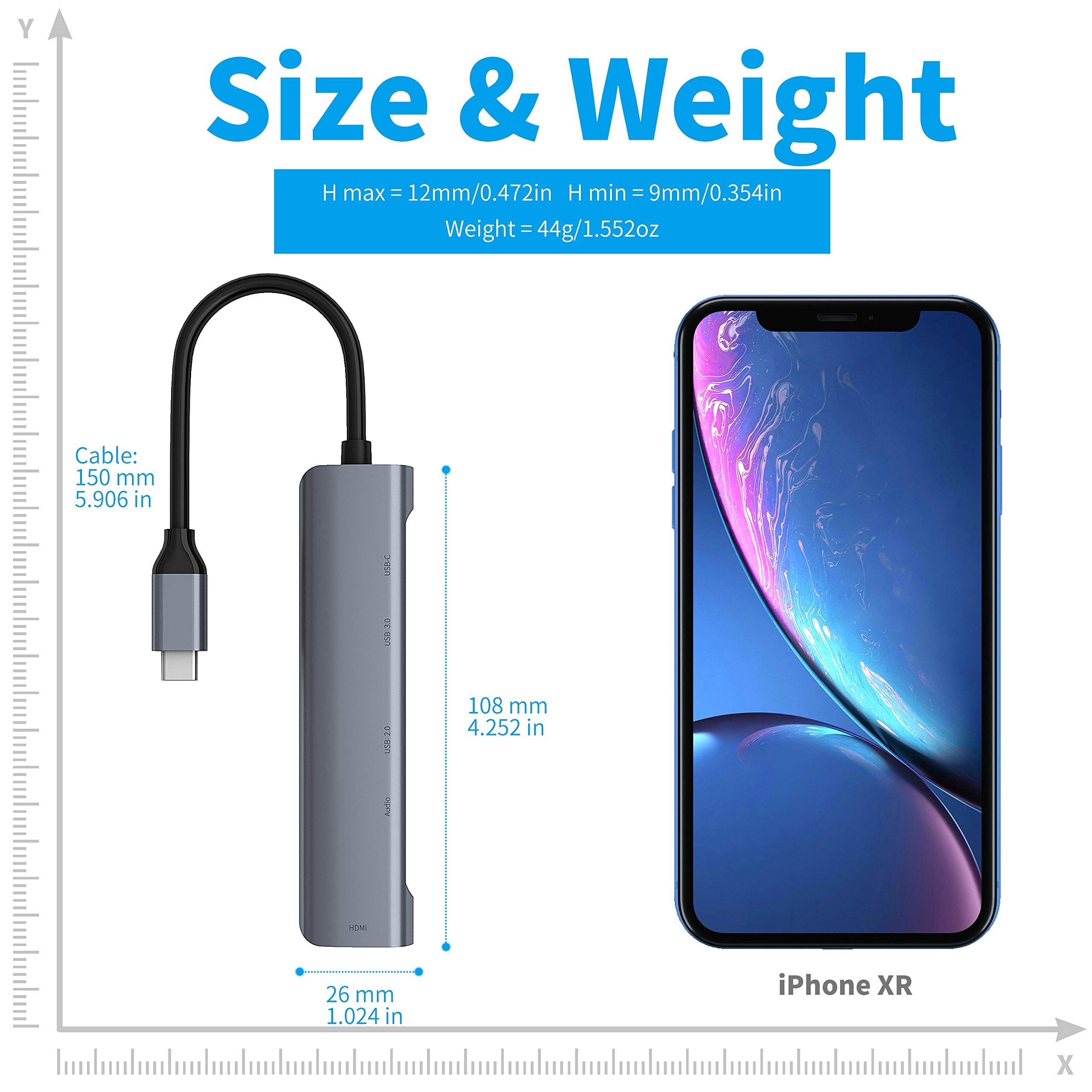 Slim Aluminum USB C Hub Adapter 5 in 1 with 4K HDMI, USB 3.0 Port, 3.5mm Headphone Jack, USB-C Data Charging Port Compatible for MacBook Pro, iPad Pro, Nintendo Switch and More