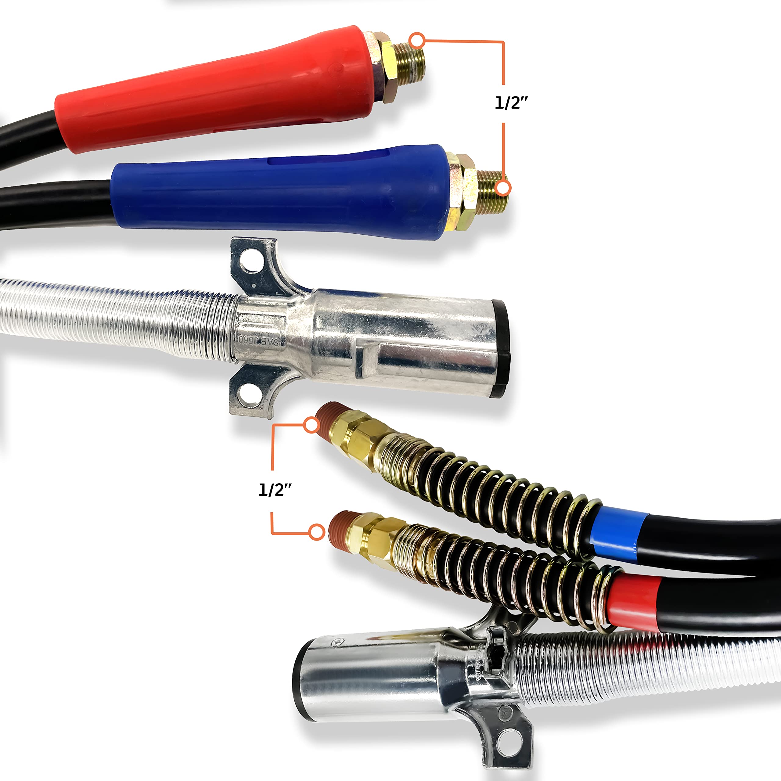 Torque 12ft 3 in 1 ABS & Air Power Line Hose Kit Airline Air Hose with Glad Hands Wrap 7 Way Electrical Cable with Handle Grip & Gladhands for Semi Truck Trailer Tractor (TR813212)