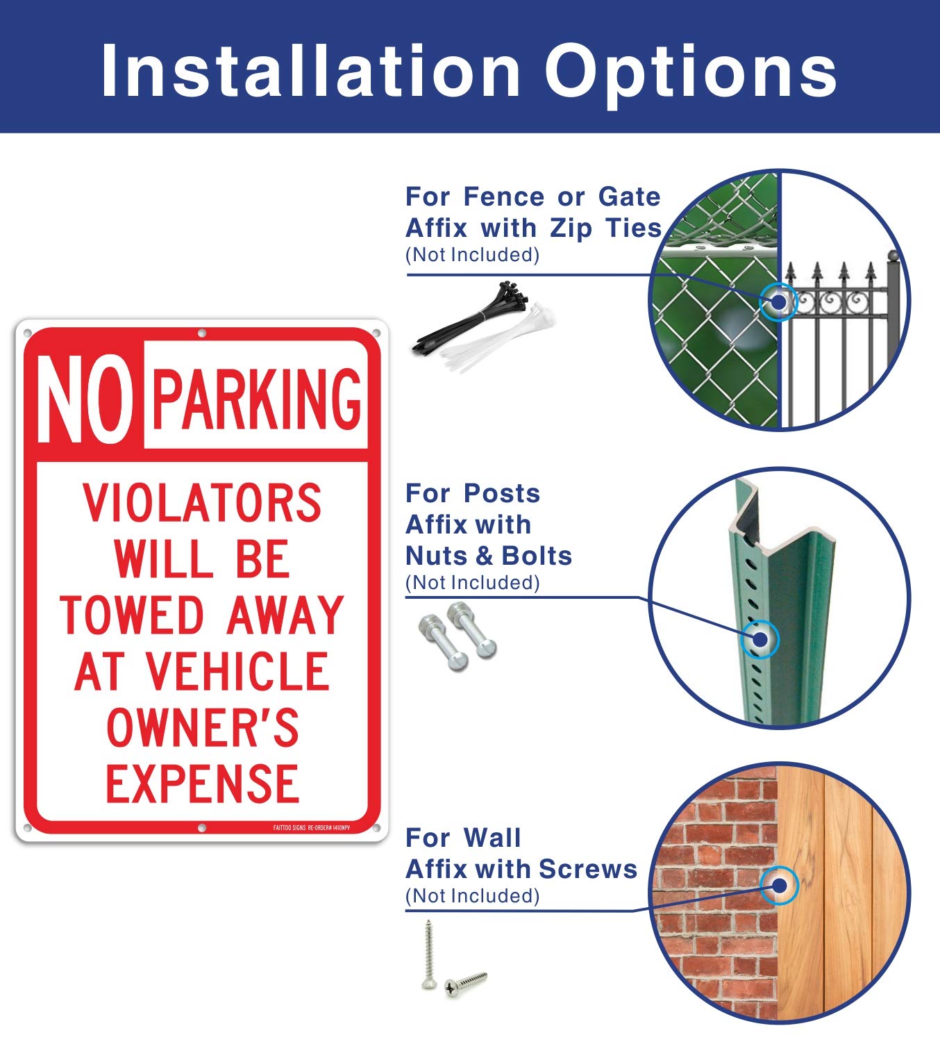 No Parking Sign, Violators Will Be Towed Away at Vehicle Owners Expense, 14 X 10 Reflective .40 Rust Free Aluminum, UV Protected, Weather Resistant, Waterproof, Durable Ink,Easy to Mount