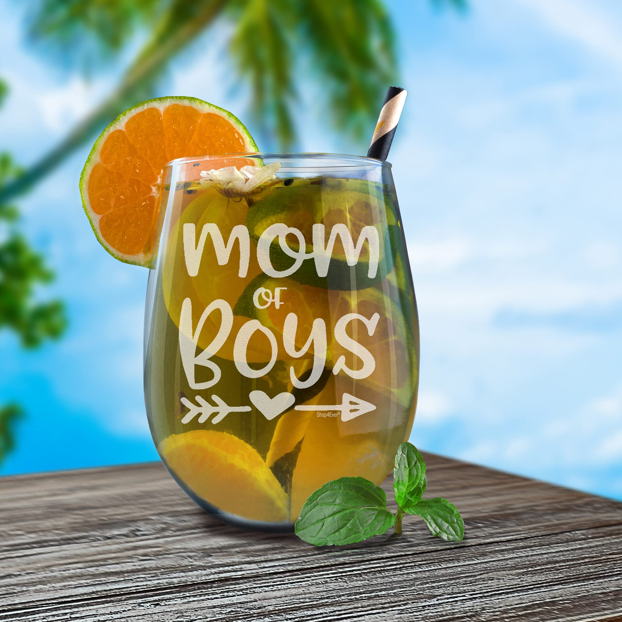 shop4ever Mom Of Boys Laser Engraved Stemless Wine Glass Boy Mom Glass