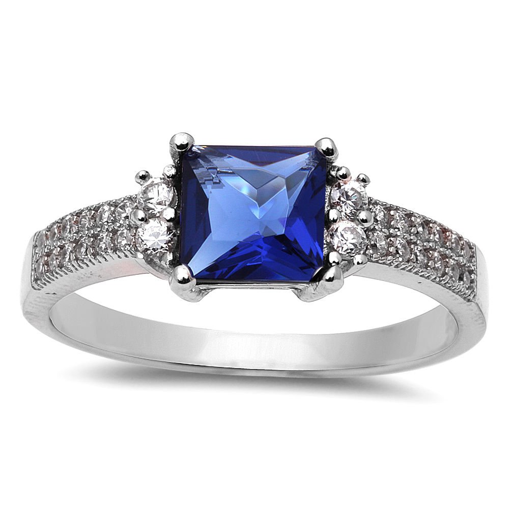 Oxford Diamond Co Princess Cut Simulated Blue Sapphire & Cubic Zirconia .925 Sterling Silver Ring Size 9