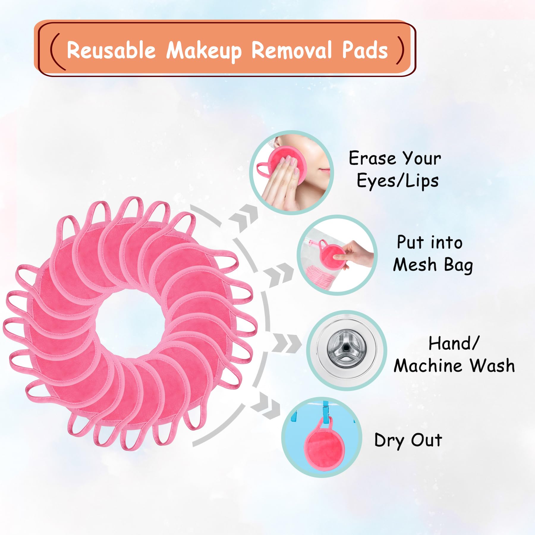 Nugilla 20 Packs Reusable Makeup Remover Pads with a Washable Laundry Bag, Microfiber Towel Clean Skin Face Towels, Soft Makeup Remover Cloth, Fast Drying Washcloth (Pink/White)