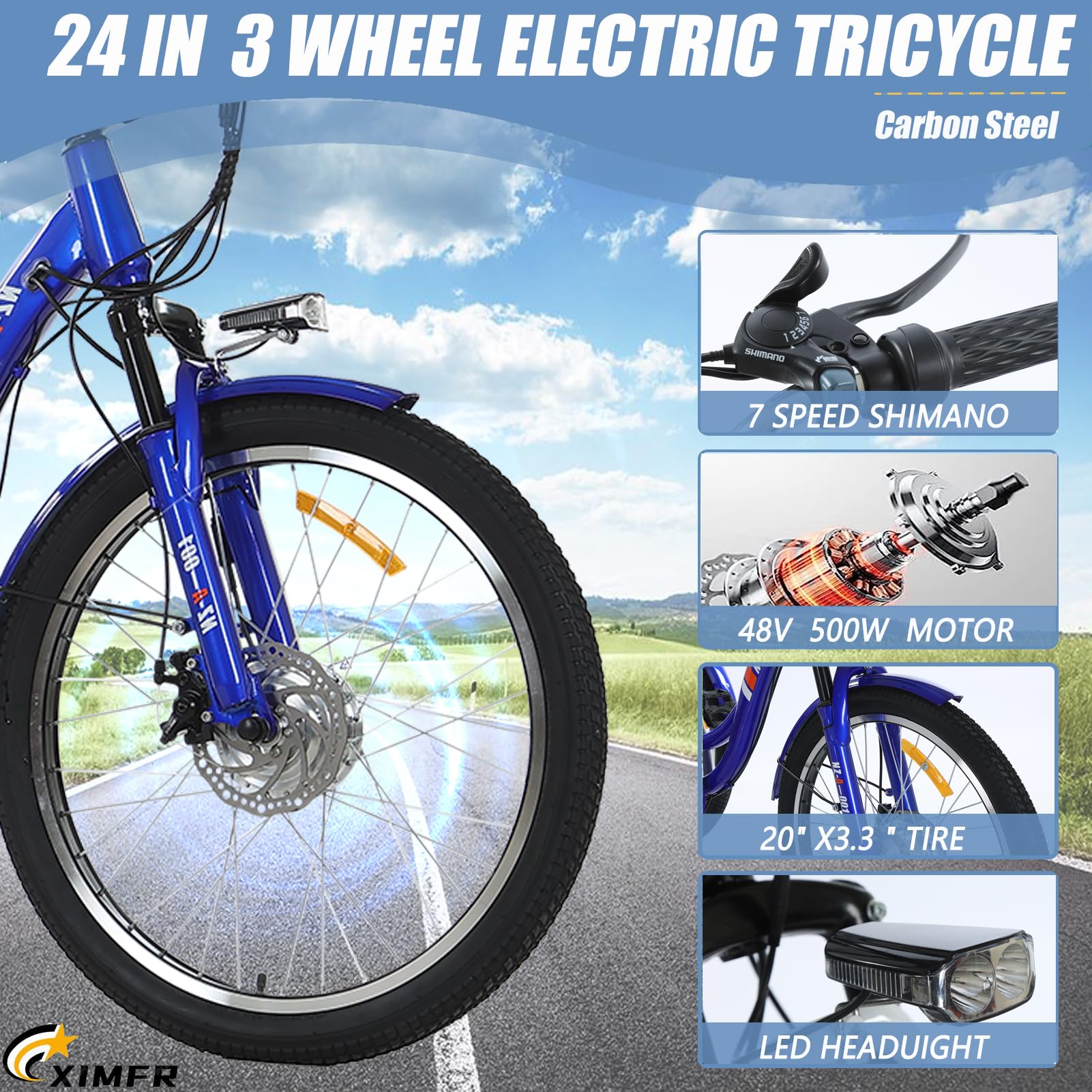 XIMFR 3 Wheel Electric Bicycle 24 Inches Tricycle Bikes Trikes for Adults with Fixed Basket to Use for Shopping Trips(Motor:350W Removable Lithium Battery:48V 13Ah)