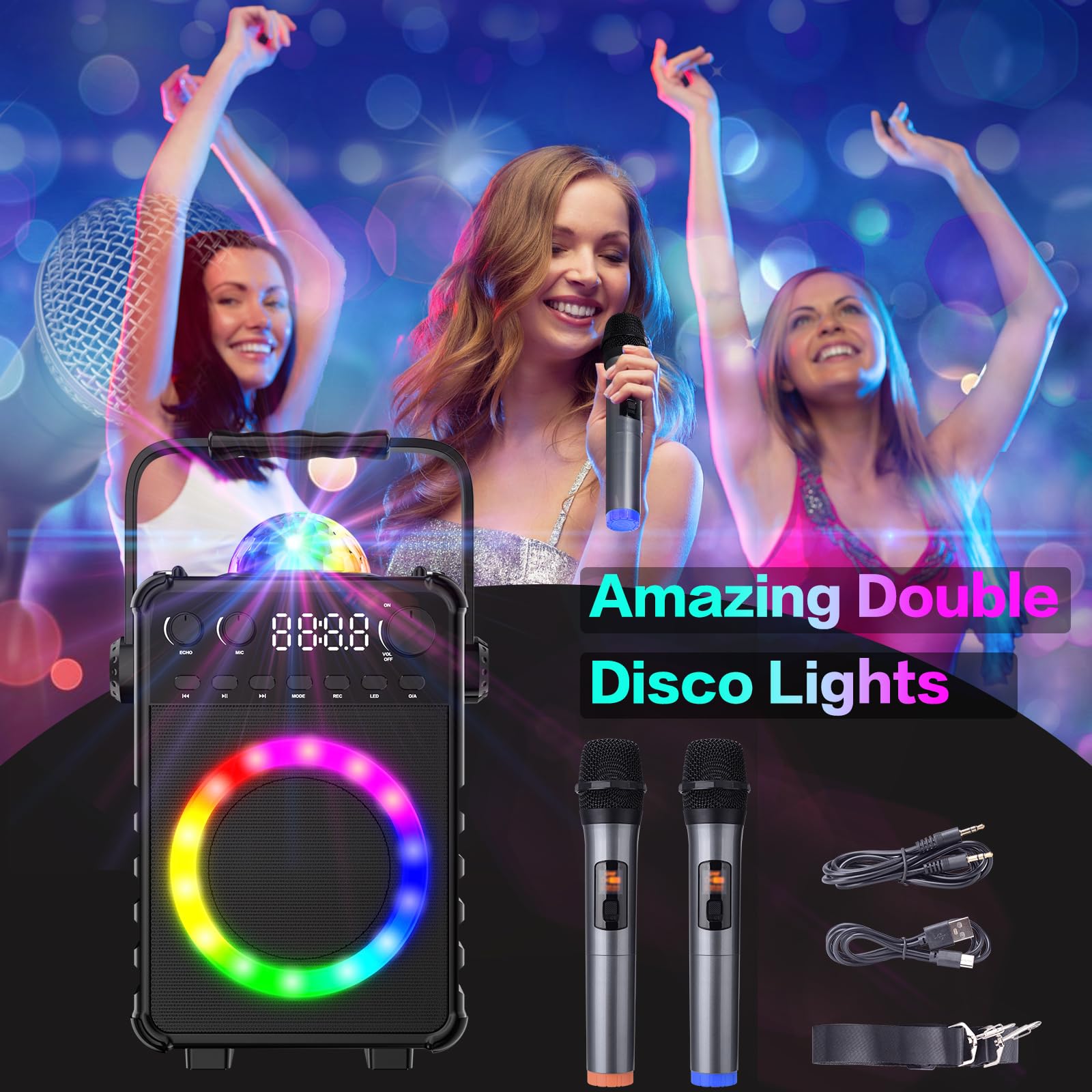 VerkTop Karaoke Machine, Portable Bluetooth Karaoke Speaker with 2 Wireless Mics for Adults Kids Singing Machine with Disco LED Lights Gifts for Girls Boys Home Party