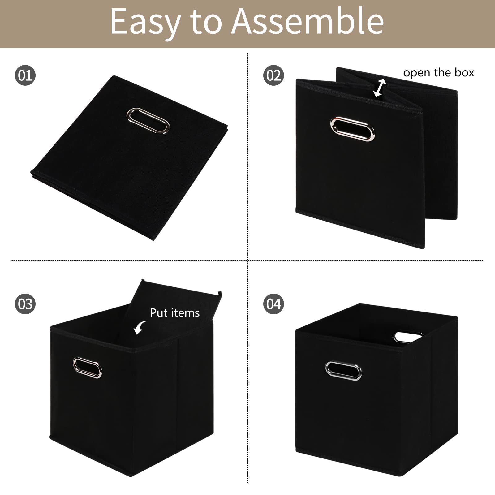 NieEnjoy Black Fabric Cubes Storage Containers ,Foldable Storage Bins Cubes Organizer Baskets with Dual Handles for Shelf Closet Set of 6,(Khaki)