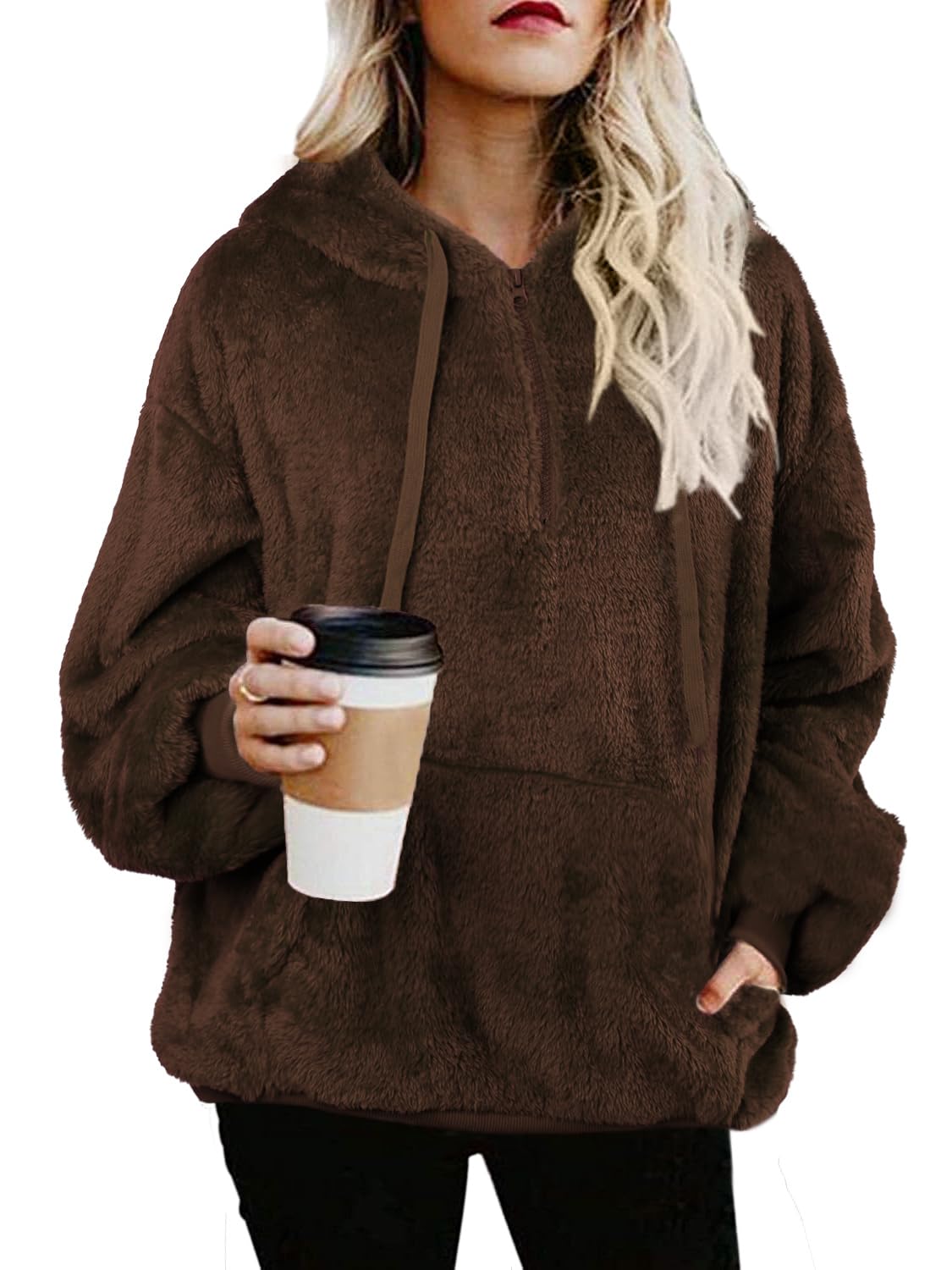 NIeyook Womens Fuzzy Sherpa Lined Hoodie Warm Fleece Hooded Oversized Sweatshirt with Pockets Zip up Fluffy Pullover Hoodies Brown