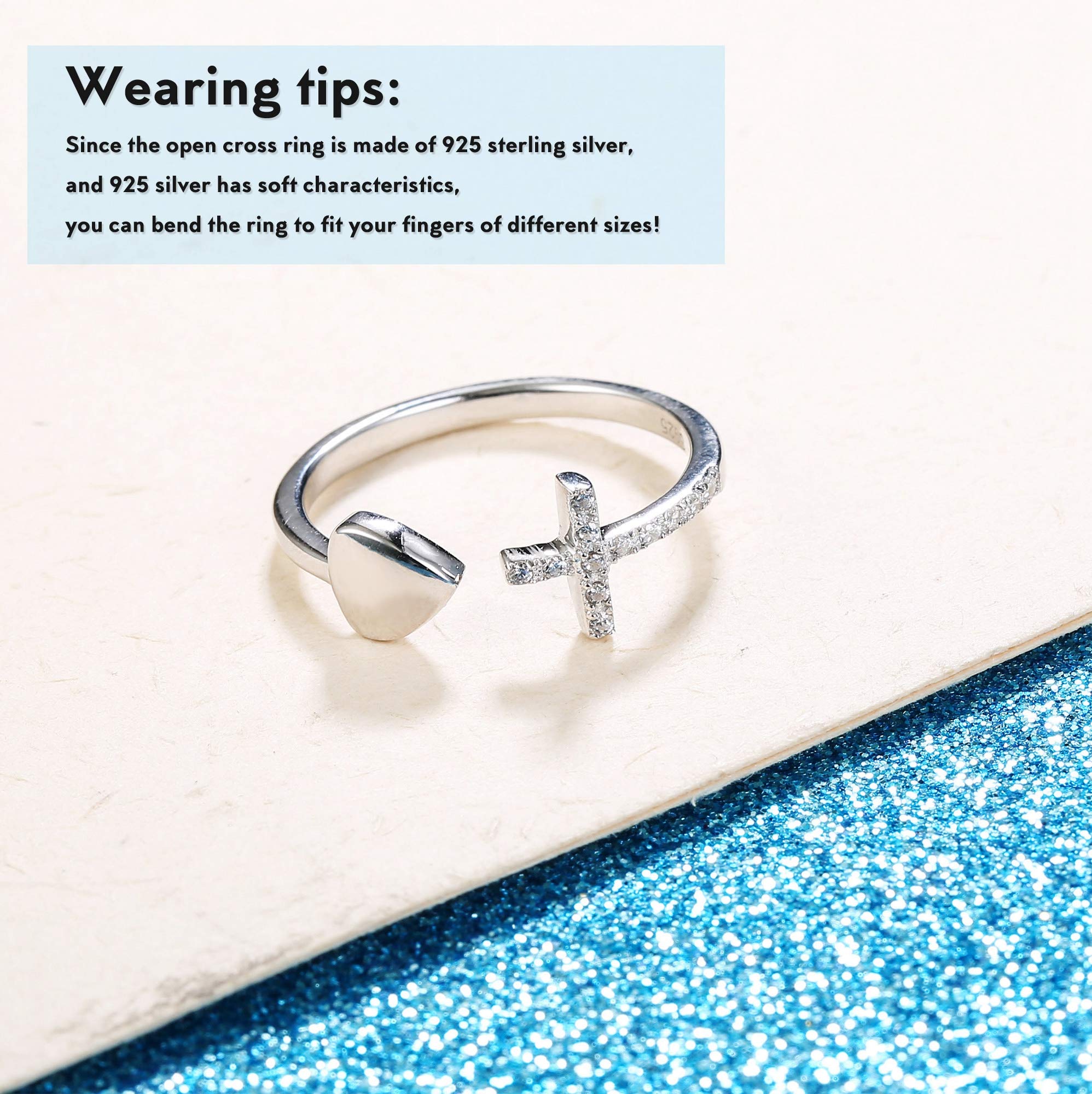 Sllaiss 925 Sterling Silver Adjustable Cross Rings for Women Men Love CZ Stackable Open Ring Sideways Cross Christian Religious Ring