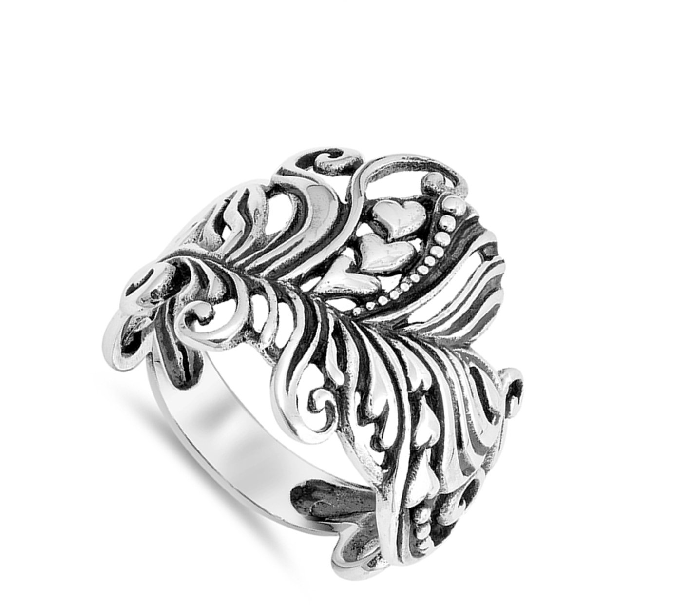 Oxidized Heart Filigree Leaf Cocktail Ring .925 Sterling Silver Band Size 10