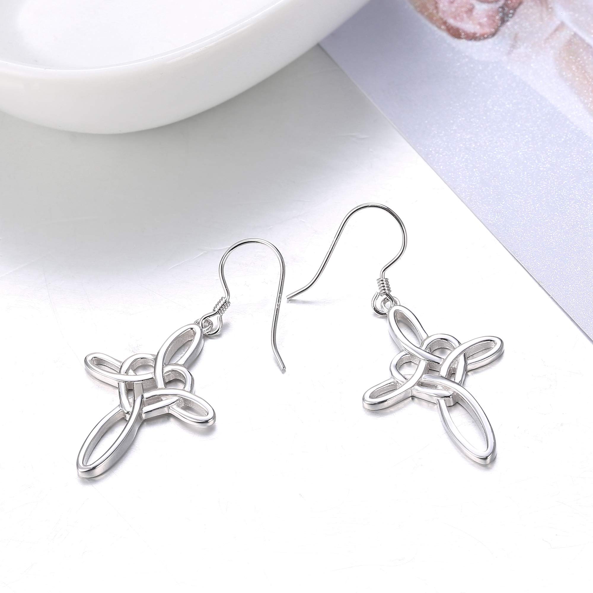 Sllaiss Sterling Silver Celtic Knot Cross Dangle Earrings White Gold Plated Good Luck Vintage Cross Drop Earrings Irish Jewelry (Silver)