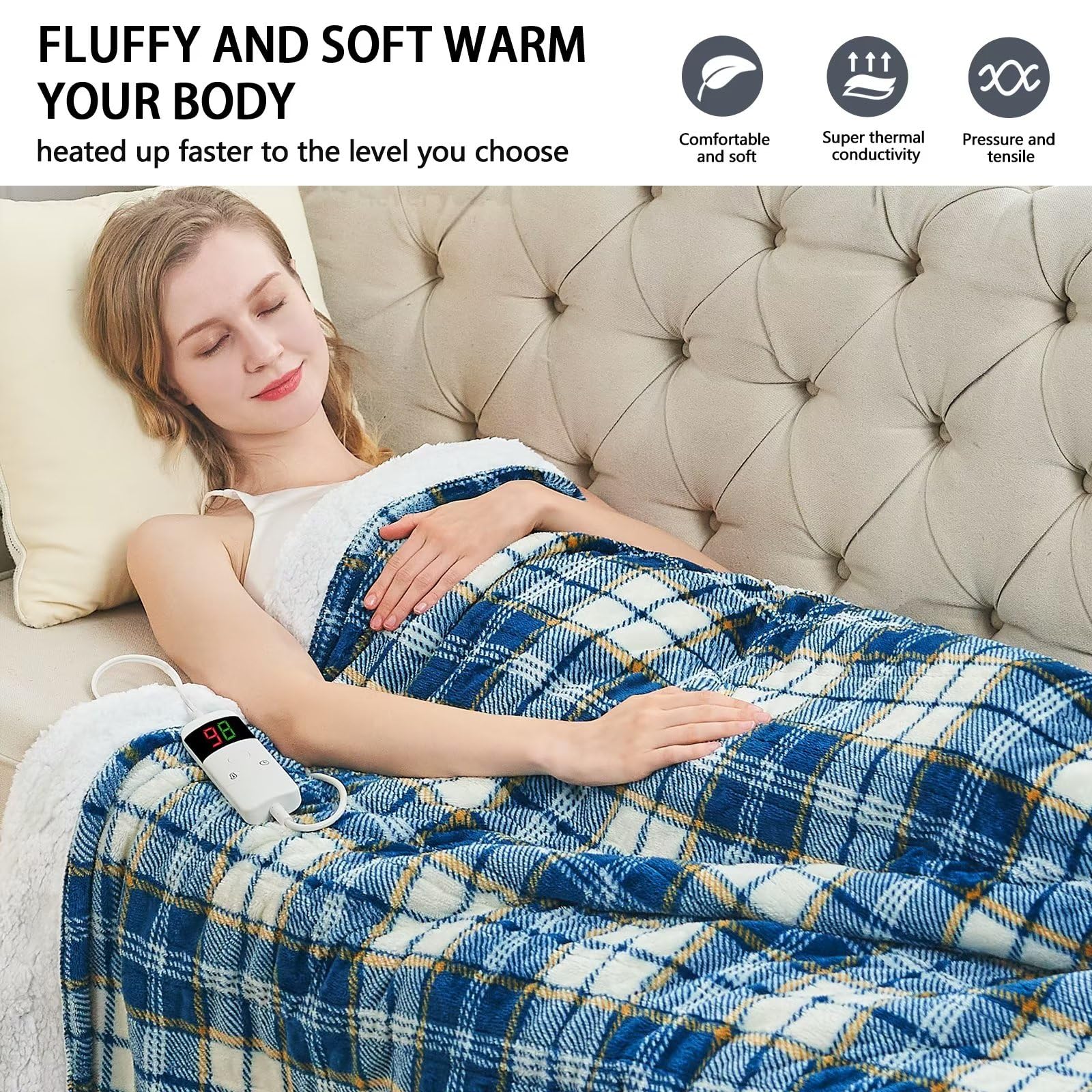 OCTROT Electric Heated Throw Blanket 50"x60", Fast Heating Blanket with Dual Control, 10 Heat Level & 5 Timer Auto Off Soft Warm Sherpa Heater Blanket for Couch, Christmas Blanket Gift (Blue Paid)